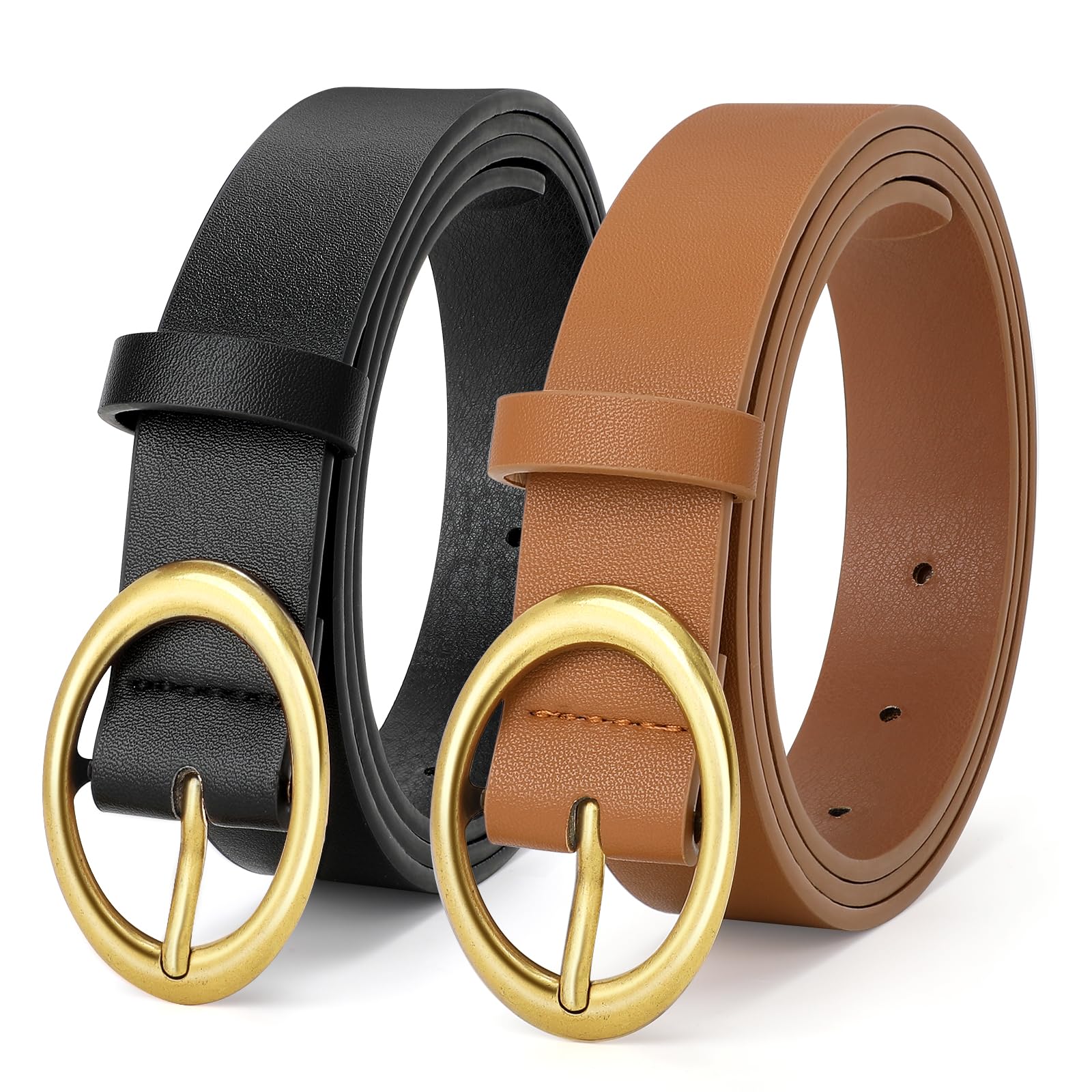 SANSTHS 2 Pack Women Belts for Jeans Pants Fashion Ladies Dress Belt with Gold Buckle,black brown,M