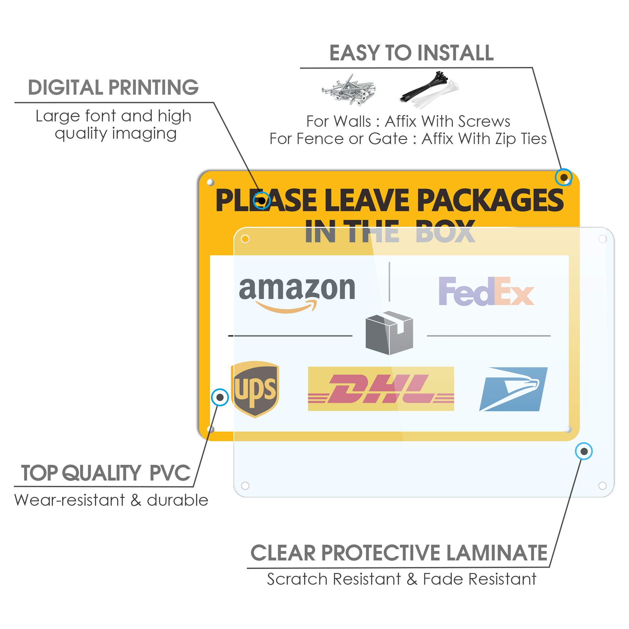 Package Delivery Sign Delivery Instructions Sign 2 Pack Leave Packages in The Box Sign,Two For One : 1 Pcs Super Tough PVC+1 Pcs Self Adhesive Vinyl, Rust-Free, Weather-Proof