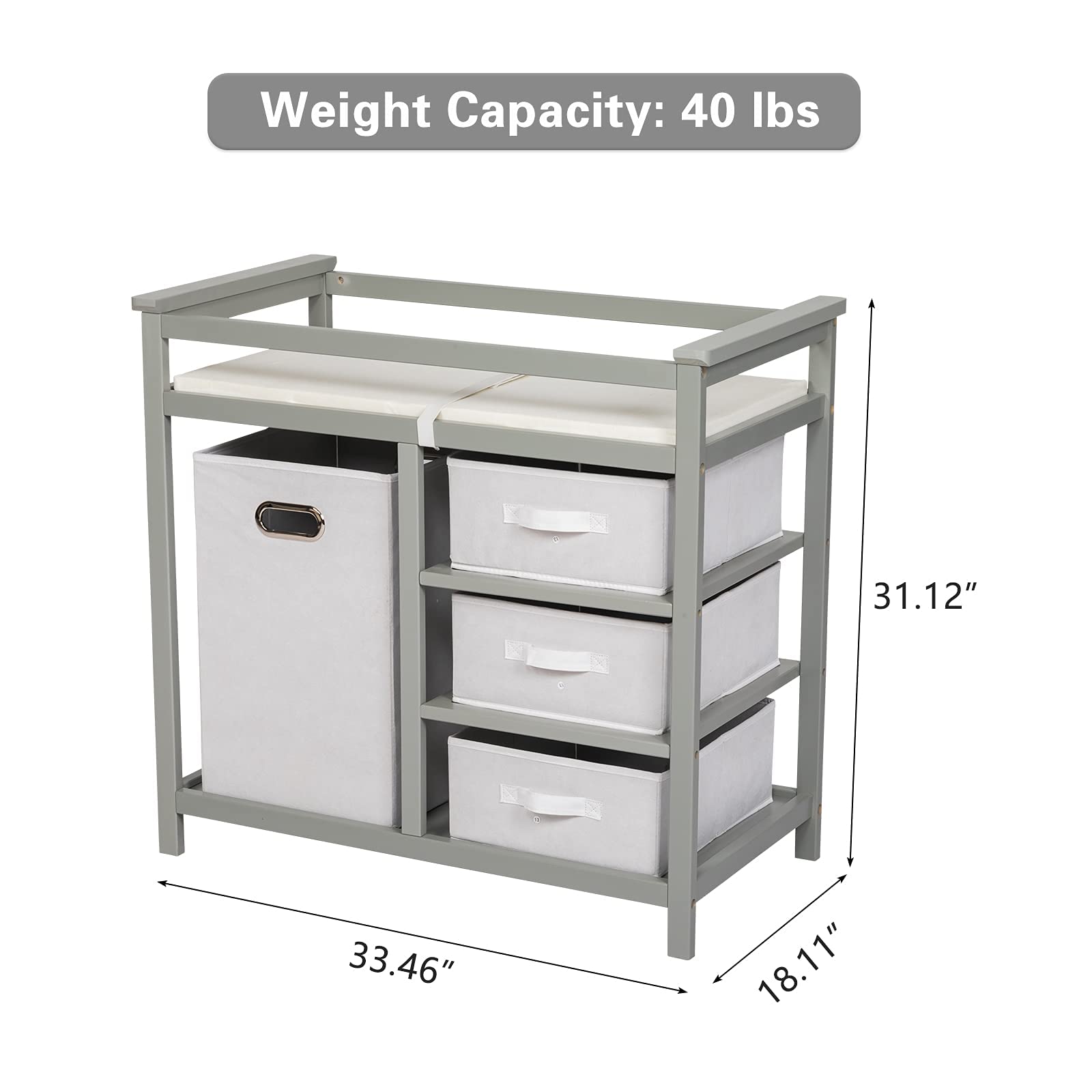 Kinsuite Baby Care Table - Diaper Changing and Clothes Table, with Storage Cloth Drawer and Dirty Clothes Basket, Including Cushion, Safe and Comfortable, Grey