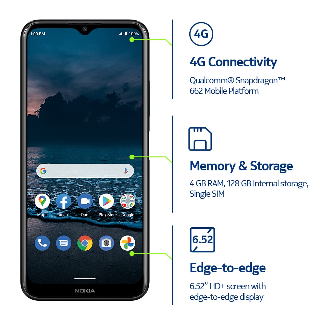 Nokia G100 | Verizon, T-Mobile, AT&T | Android 12 | Unlocked Smartphone | 3-Day Battery | US Version | 4/128GB | 6.52-Inch Screen | 13MP Triple Camera | Polar Night