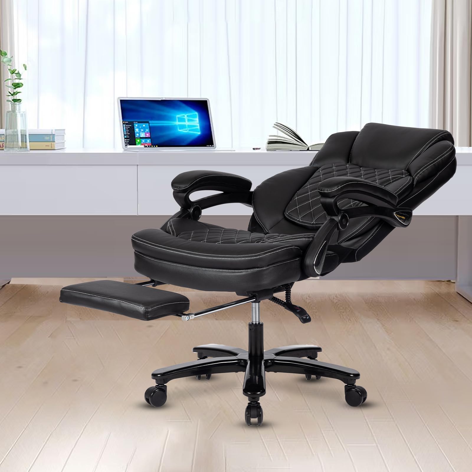 Kasorix Big and Tall Executive Home Office Chair with Footrest,Desk Chairs with Wheels and Arms,Adjustable Bonded PU Leather Office Chair