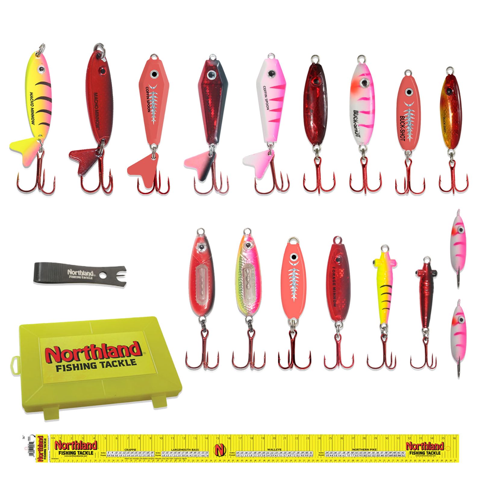 Northland Fishing Tackle Red Lake Minnesota Ice Fishing Spoon Kit - 17 Spoons per Kit - Assorted Colors and Sizes with Tackle Box