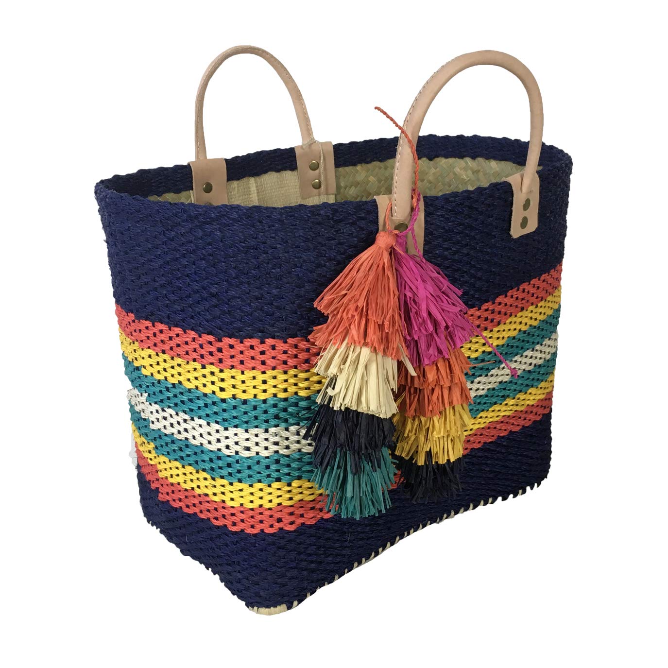 Mar Y Sol La Paz Colorful Stripes Woven Sisal Market Tote Straw Beach Bag (Navy)