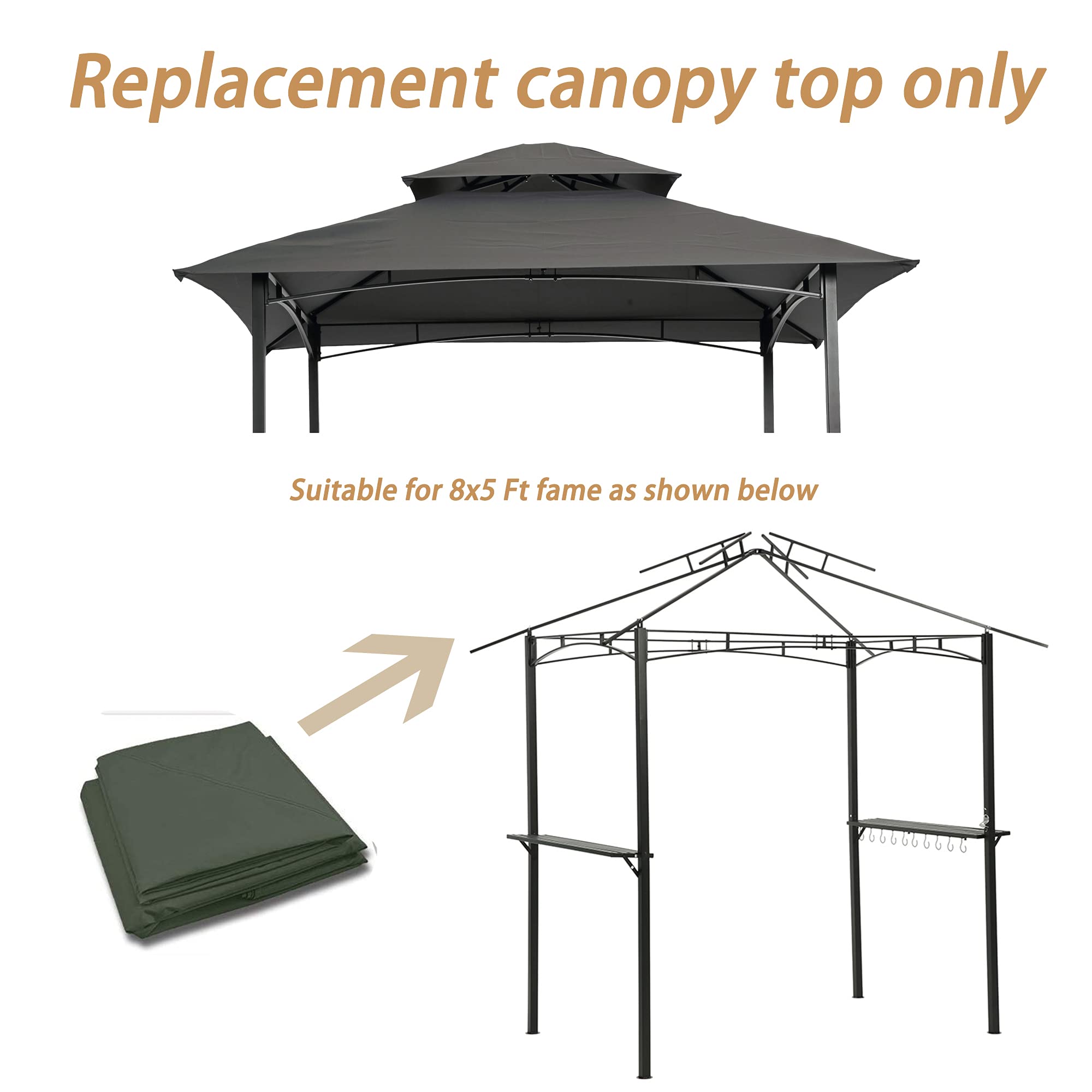 Kcelarec Grill Gazebo Replacement Canopy Roof, Outdoor BBQ Gazebo Canopy Top Cover, Double Tired Grill Shelter Cover with Durable Polyester Fabric (8X5Ft-Grey)