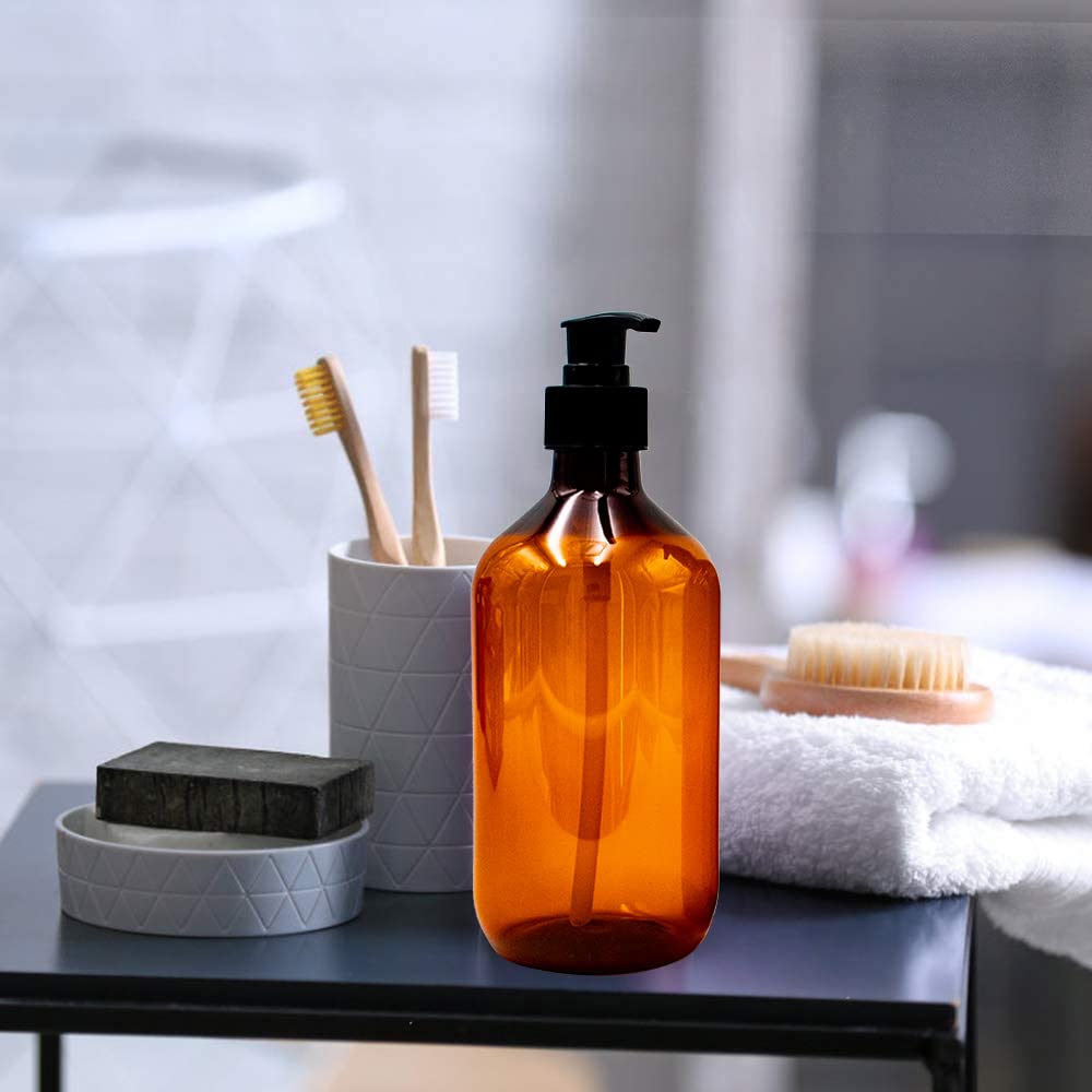 Pump Dispensers 2pack Large, 16 oz, Empty, Amber Plastic Bottles with Black Lotion Pumps Empty Plastic Refillable Lotion Soap Shampoo Bottles Dispenser