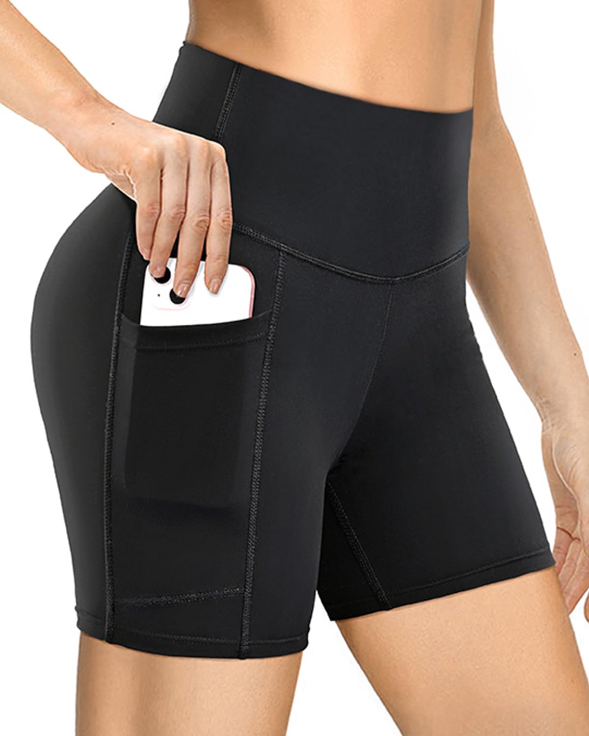 MARINAVIDA High Waisted Black Yoga Shorts Biker Shorts with Pockets Tummy Control Gym Compression Spandex Shorts 5"