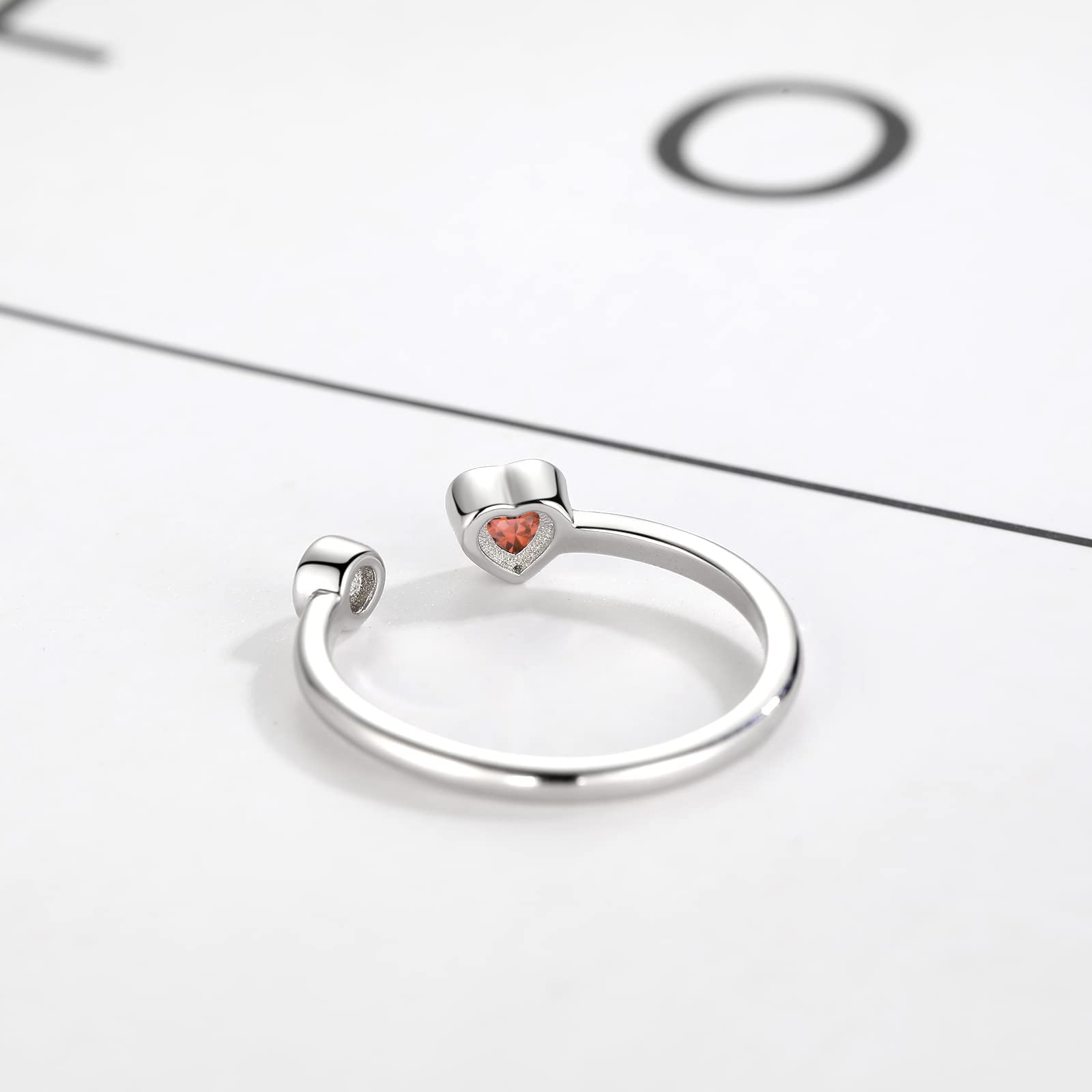 January Garnet Birthstone Heart Ring, 925 Sterling Silver Adjustable Birthstones Stackable Finger Open Rings Wedding Engagement Eternity Bands with Red CZ, Birthday Jewelry Gift for Women