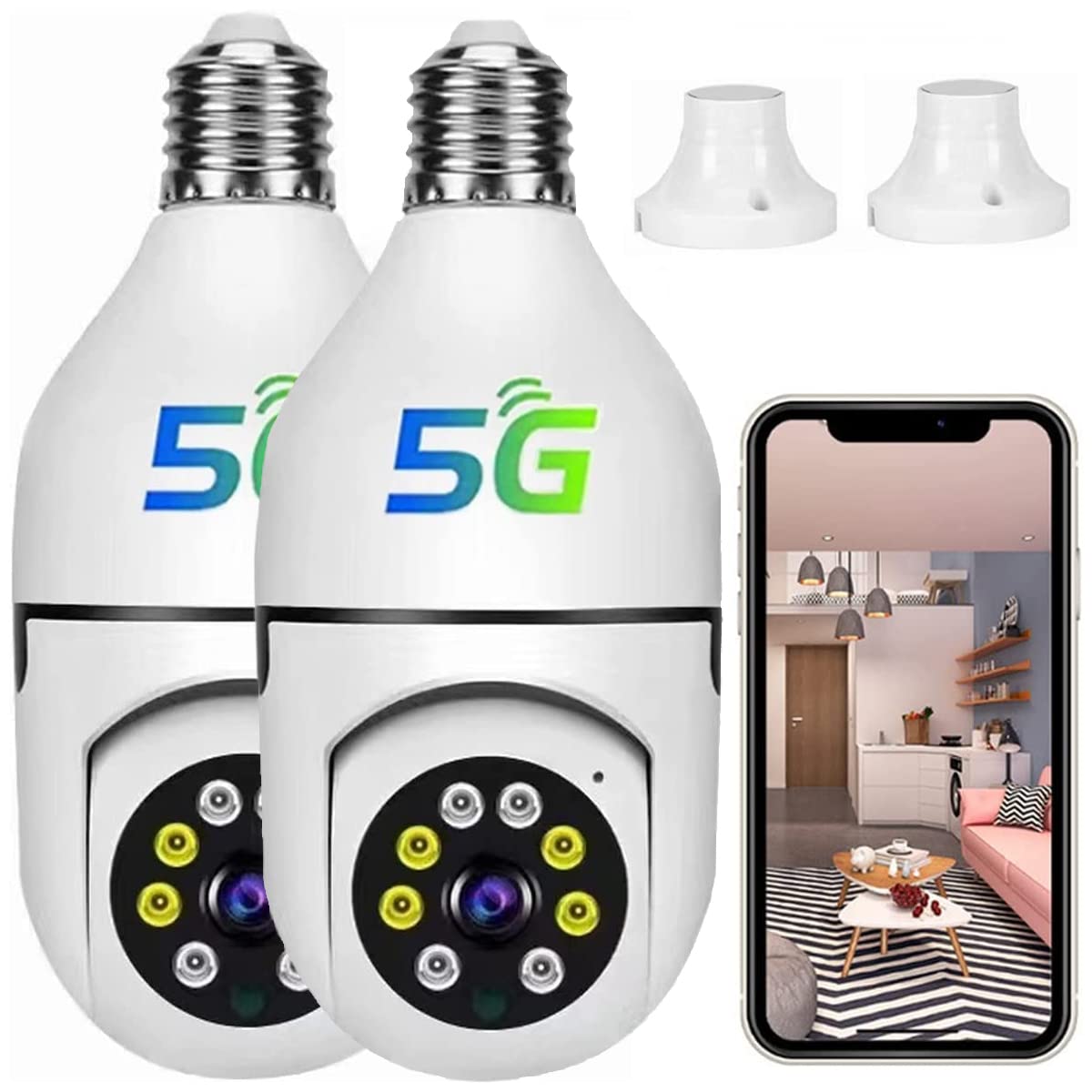 HUMLOIV 1080P Light Bulb Security Camera for Home,5G/2.4G Wireless Outdoor WiFi Surveillance Security Camera,360° Motion Detector/Night Vision/HD/Alarm/Two-Way Audio (2)
