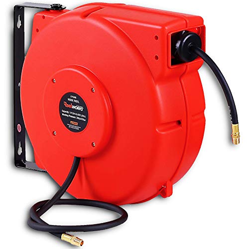 ReelWorksAir Hose Reel Retractable 1/4" Inch x 65’ Foot Hybrid Polymer Hose, Max 300 Psi Compressor Water Plastic Spring Driven Swivel Bracket Polypropylene Case Construction Industrial