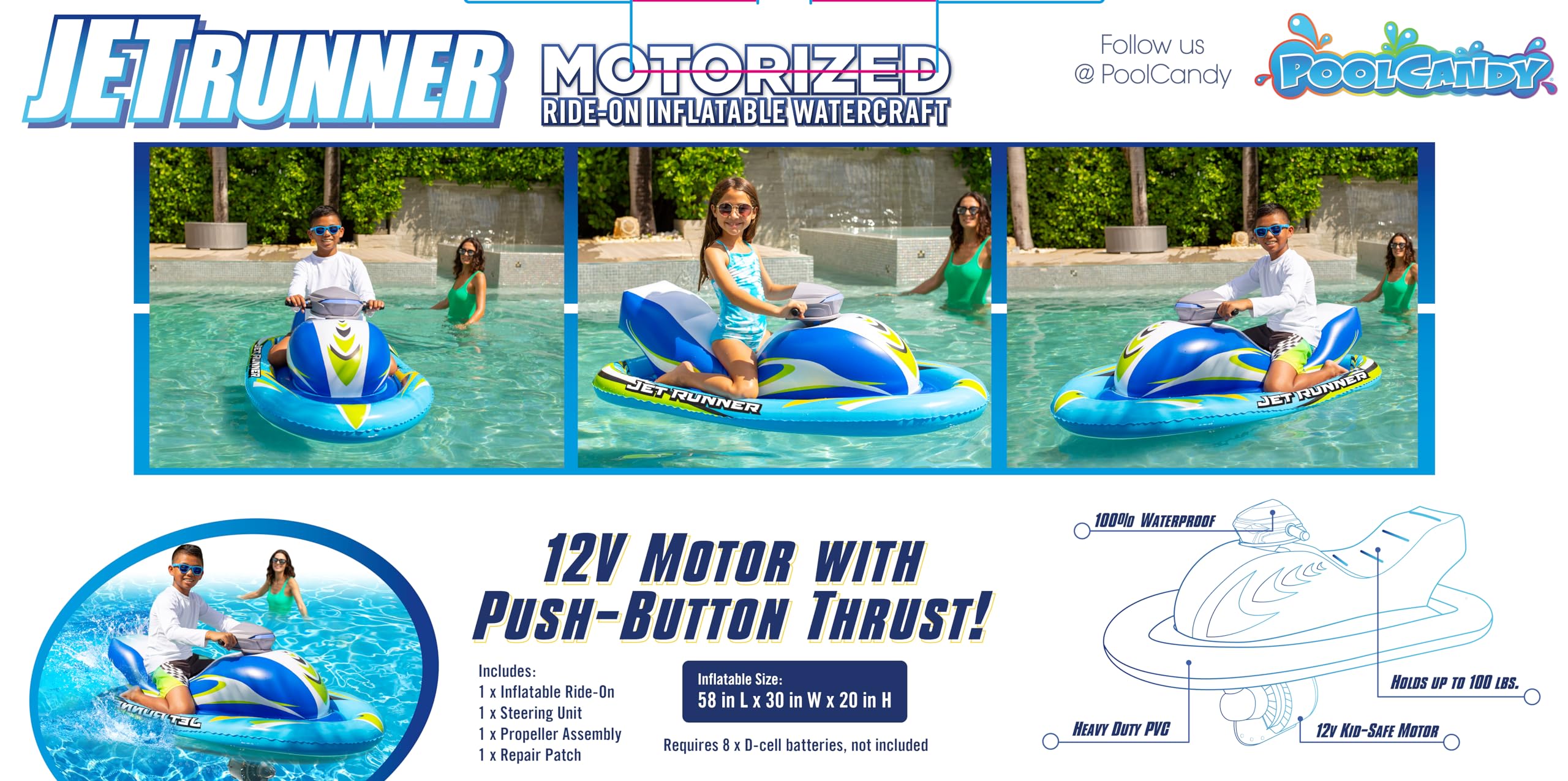 PoolCandy Jet Runner Motorized Pool Toy - Battery Powered Pool Float for Kids Ages 8-12