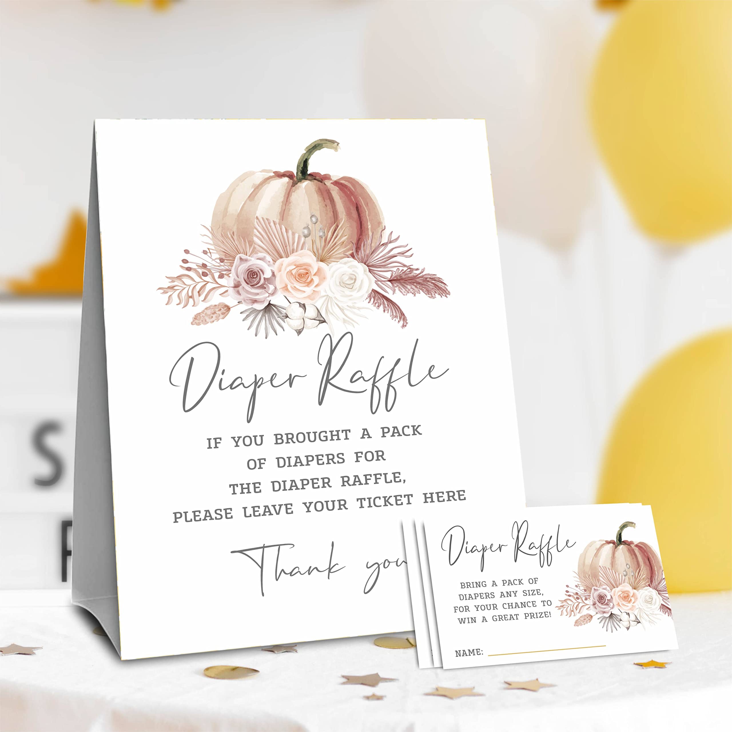 Pumpkin Baby Shower Game Cards, 50 Diaper Raffle Tickets and 1 Self-standing Diaper Raffer Sign-(LBLK-008)