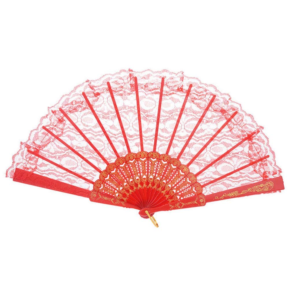 PBLCYUT Ornaments Chinese Style Lace Hand Held Folding Fan Dance Party Wedding Hand Fan Cool Bamboo Flower Folding Fan Portable Folding Fan (Color : Red)