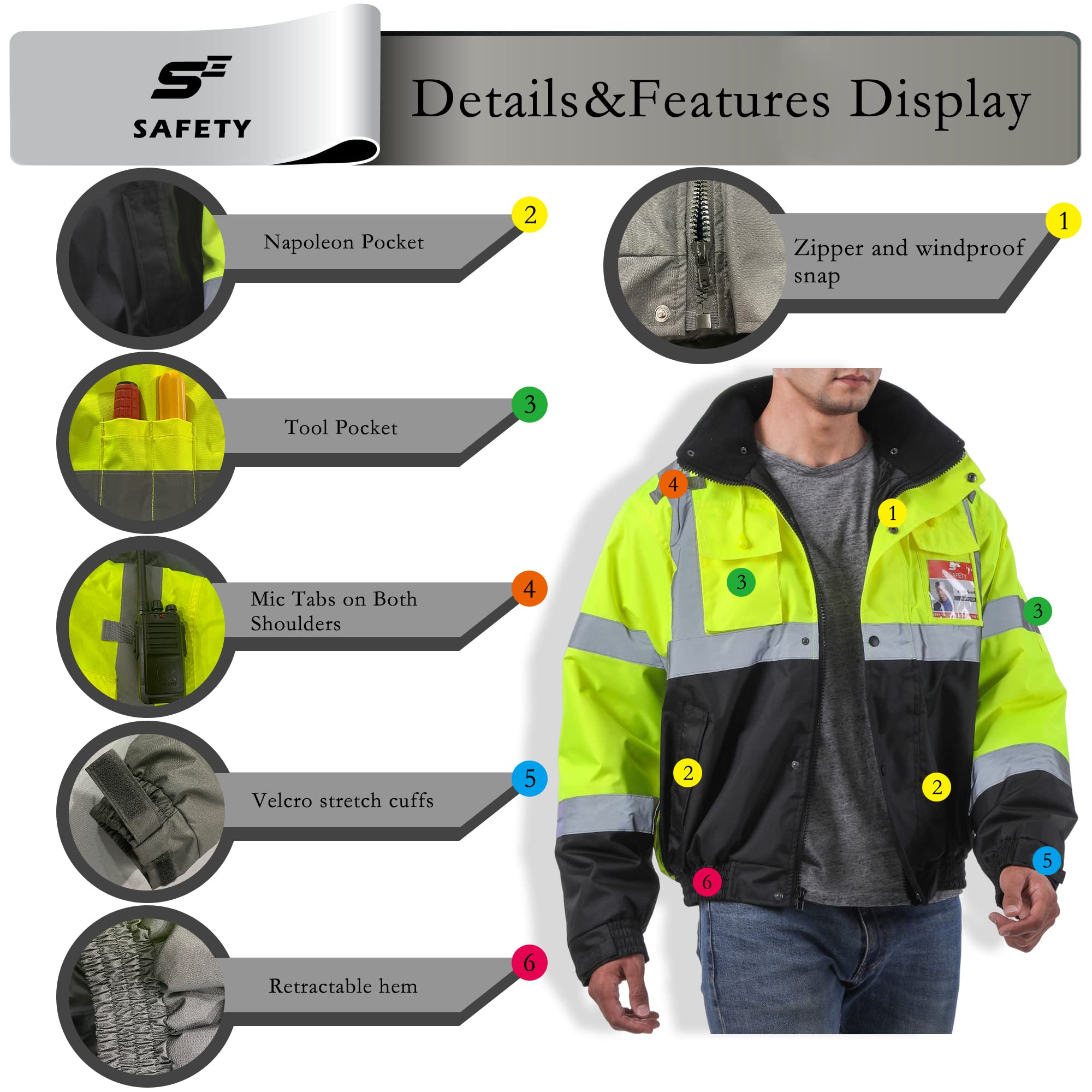 Reflective Hi Vis Winter Jacket, Safety Yellow Jackets for Men, High Visibility Work Construction Jackets