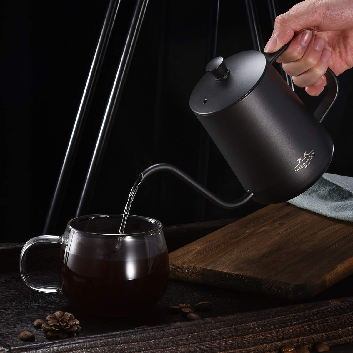 MERMOO YILAN Gooseneck Coffee Kettle 21oz Pour Over Drip Pot 600ml Long Narrow Spout Stainless Steel Water Dripper Kettle for Tea & Coffee(Black)