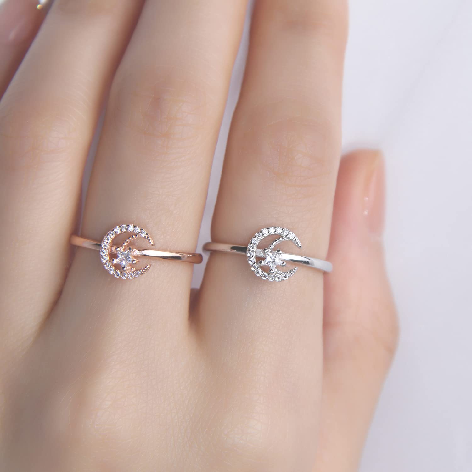 Meissa Sterling Silver Adjustable Ring for Women Crescent Moon and Star Ring Cubic Zirconia Silver Rose Gold Pleated Constellation Ring Gold