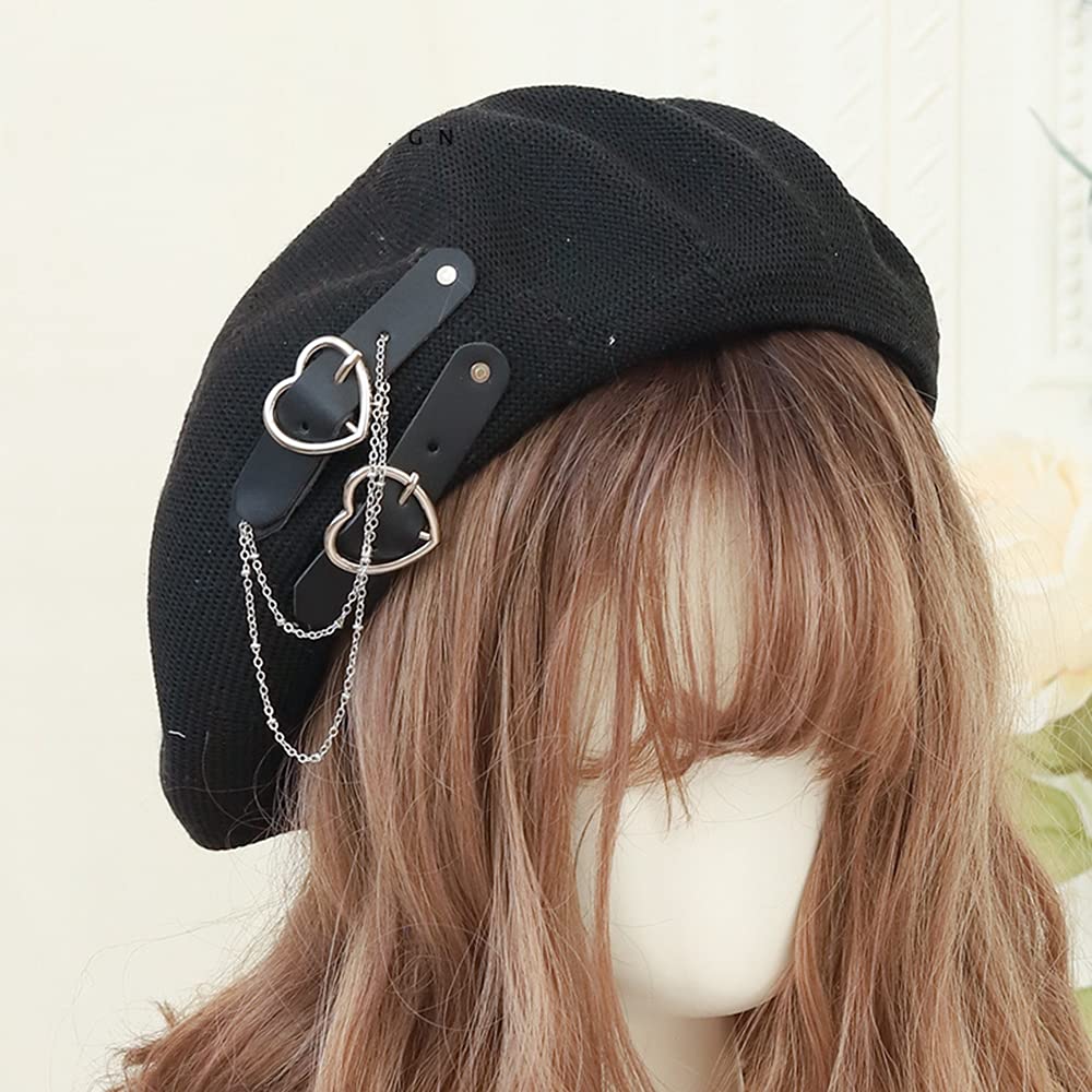March9 Breathable Gothic Lolita Beret Cap JK Hat Cap for Women Spring Summer Hat Black