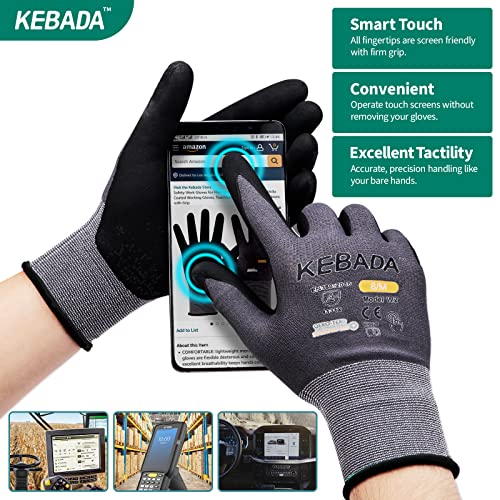 Kebada W2 Work Gloves for Men and Women, Touchscreen Working Gloves with Grip, Nitrile Coated Work Gloves for Gardening, Package Handling, Stretchy Gloves for Mechanic Work,2 Pairs, Medium