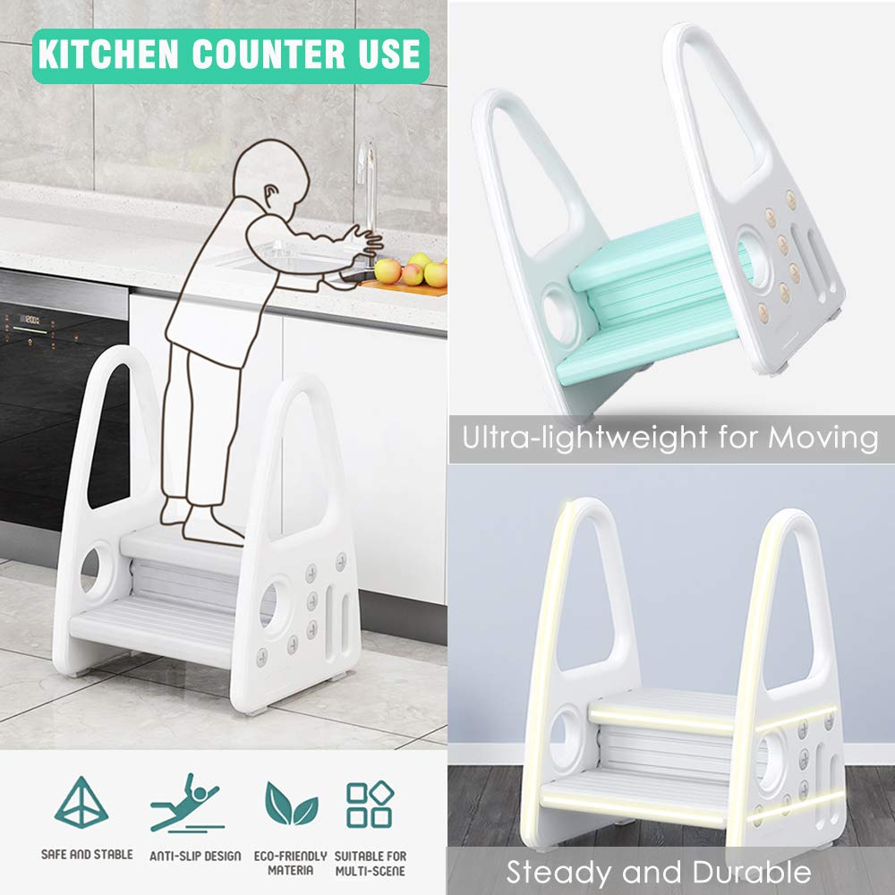 KATARUS Toddler Step Stool for Kids Two Step Standing Tower for Kitchen Counter, Bathroom Sink & Toilet Potty Training, Children Step Up Learning Helper with Handles and Safety Non-Slip Pads, Green