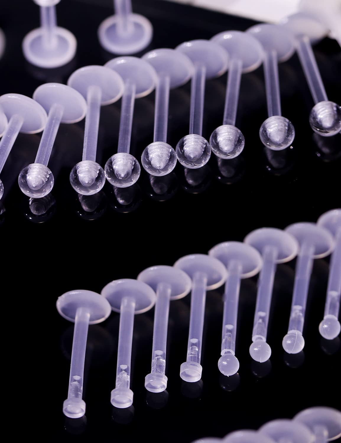Lcolyoli 63PCS 16G Mix Length Clear Push Top Piercing Retainers Flat & Ball Top Bioflex Lip Rings Labret Medusa Retainer for Women Men 6-10mm Bar Length