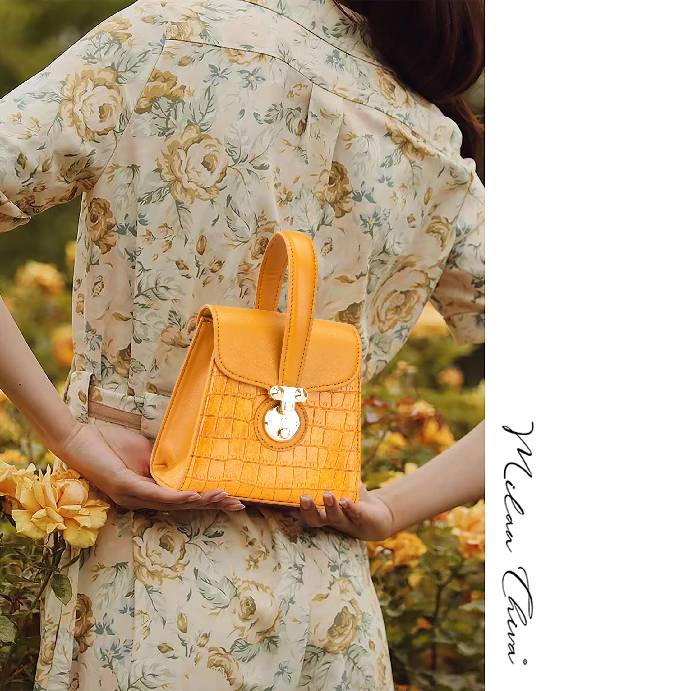 Milan Chiva Top Handle Purse Crocodile Crossbody Bag for Women Trendy Cute Shoulder Handbag with Chain Strap MC-1011YL, Yellow