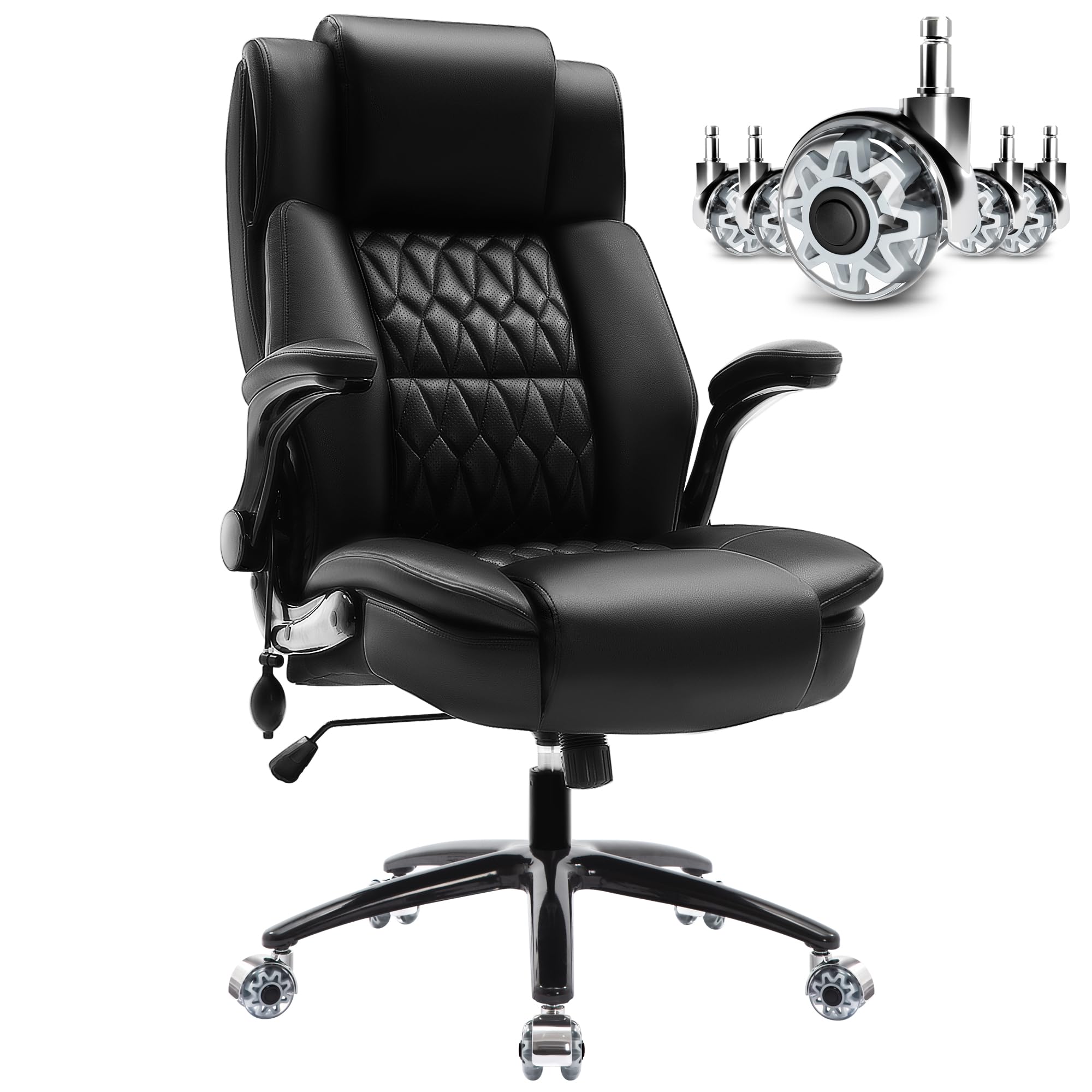 Large High Back Office Chair - Adjustable Lumbar Support Flip Up Arms Heavy Duty Quiet Wheels Metal Base Breathable Bonded Leather Ergonomic Executive Computer Desk Chair with Storage Bags, Black