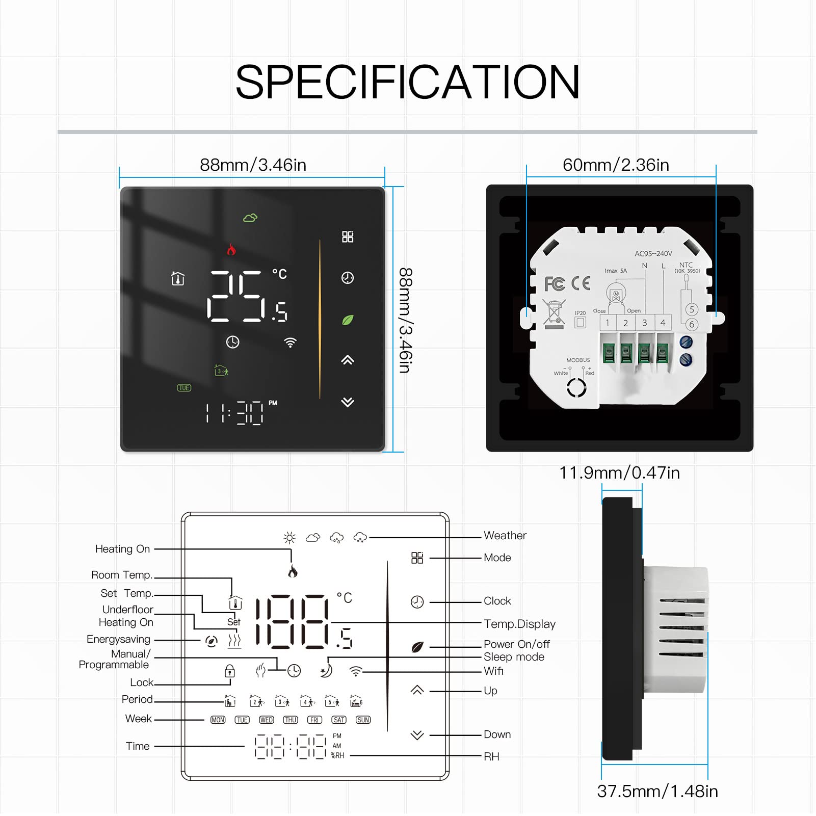 Intelligent Constant Temperature Controller WiFi Electric Floor Heating Smart Temperature Control Switch Black