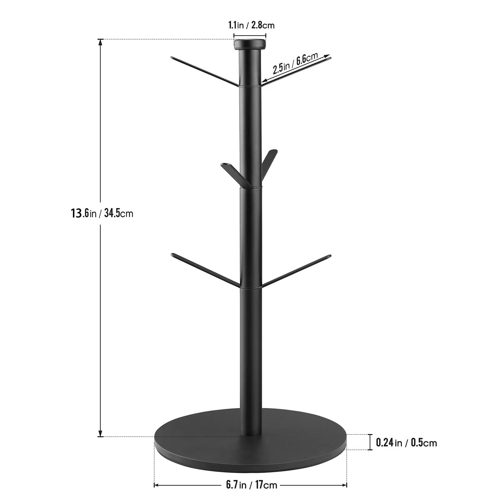 KEWANNO Black Mug Holder Tree, Coffee Mug Holder Countertop, Coffee Cup Holder with 6 Hooks, Weighted Coffee Tree Mug Holder for Counter, Coffee Mug Stand