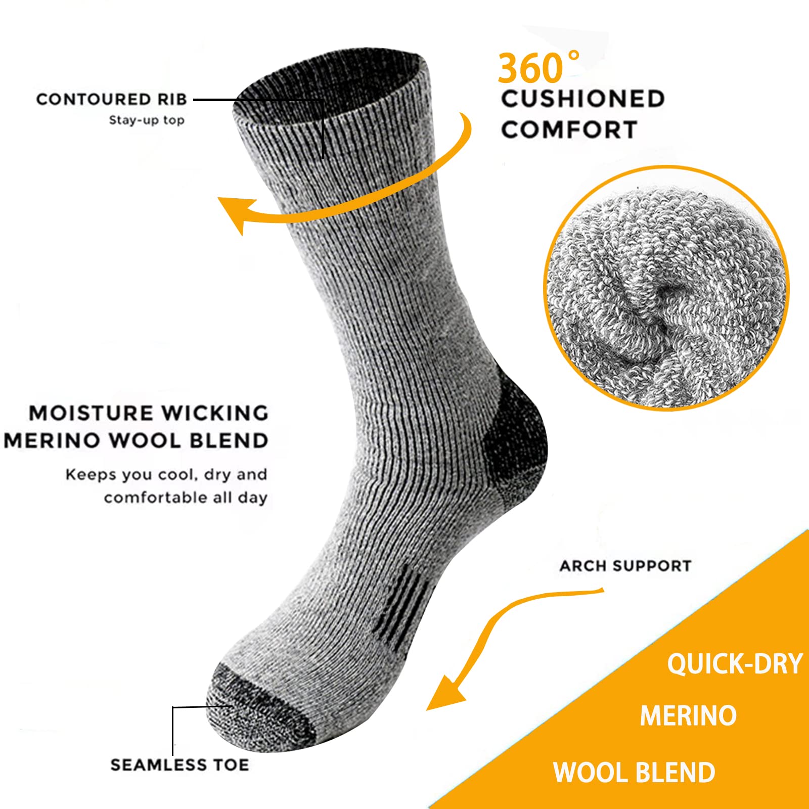 NuanSumm Thermal Socks for Men and Women,Merino Wool Hiking Socks Warm Cushioned Crew Winter Boot Sock