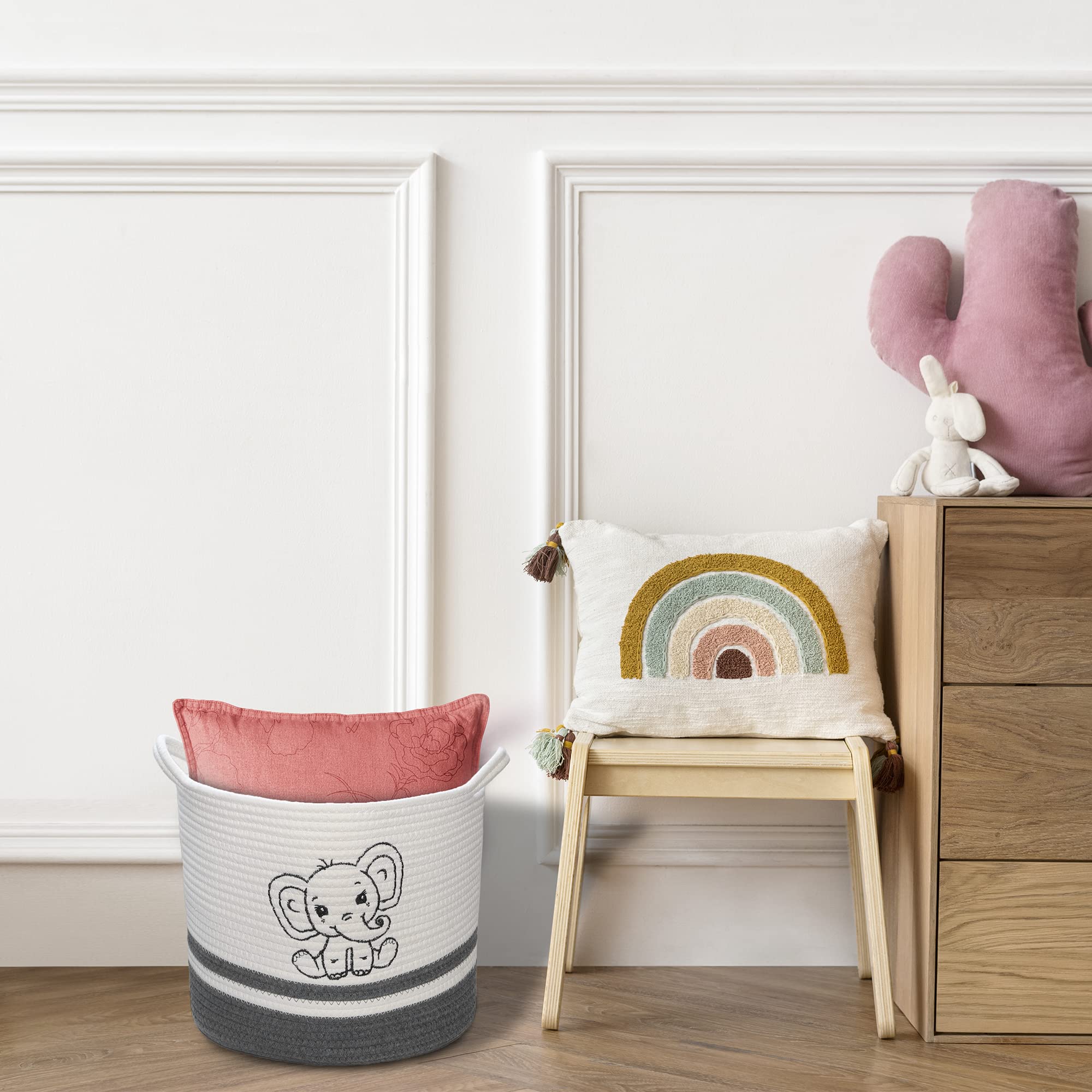 Rope Basket with Baby Elephant, Toy Storage, Nursery Storage, Blanket Storage, 14”x11”x12, White, Grey