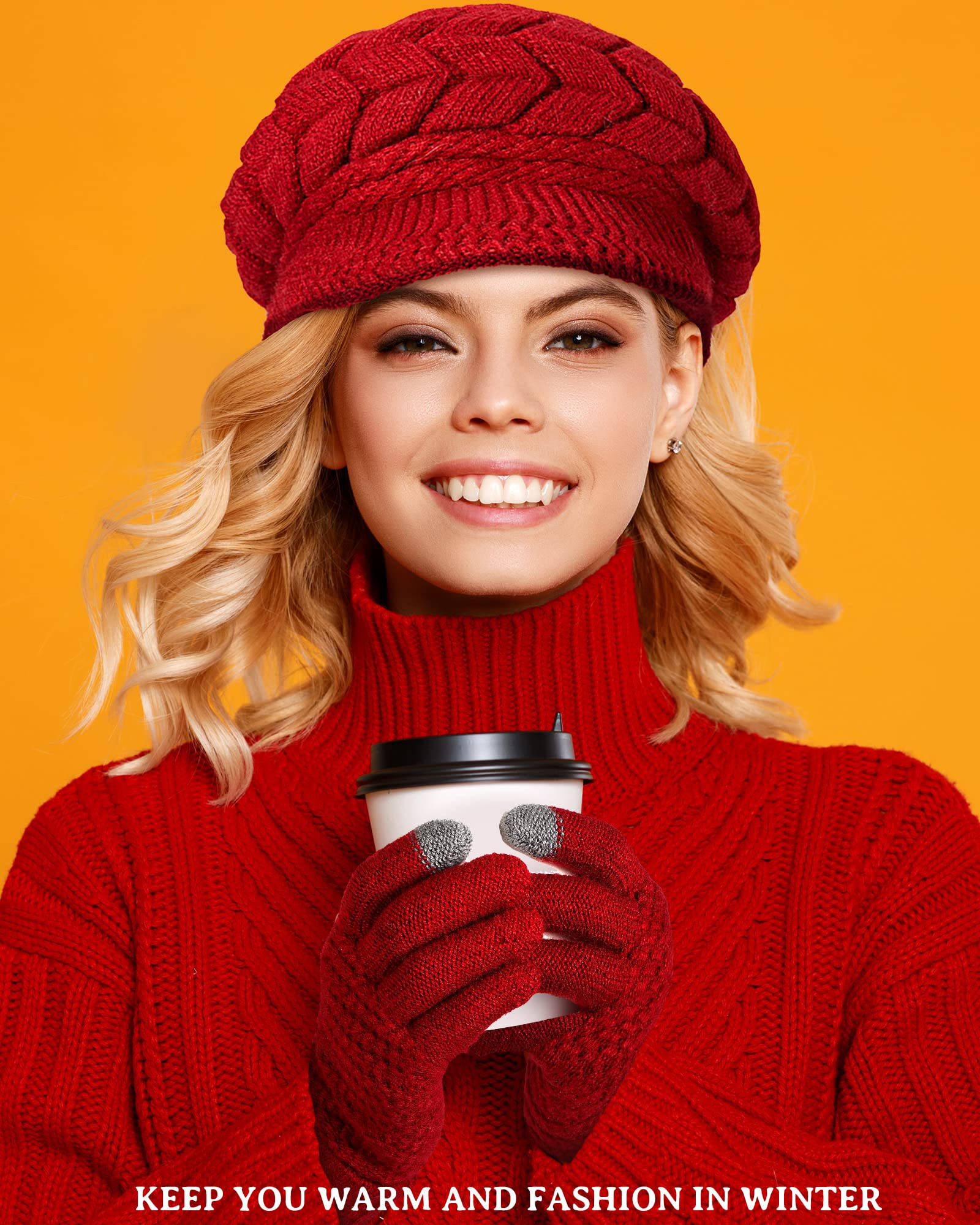 Newcotte 8 Pcs Women Hats Gloves Winter Set, Warm Girls Cap Beanie Hat Knit with Visor Snow Ski Caps and Touch Screen Gloves