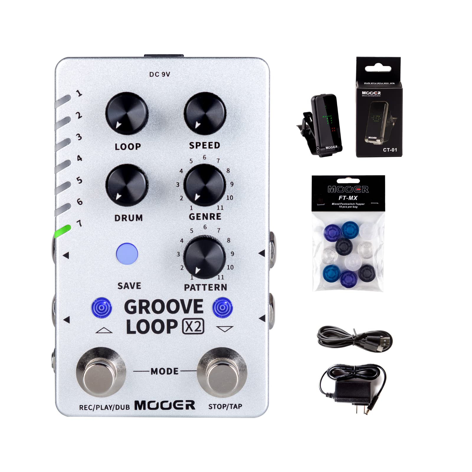 MOOER Groove Loop X2 Stereo Guitar Looper Drum Machine with Clip On Guitar Tuner and Cold Color Footswitch Topper