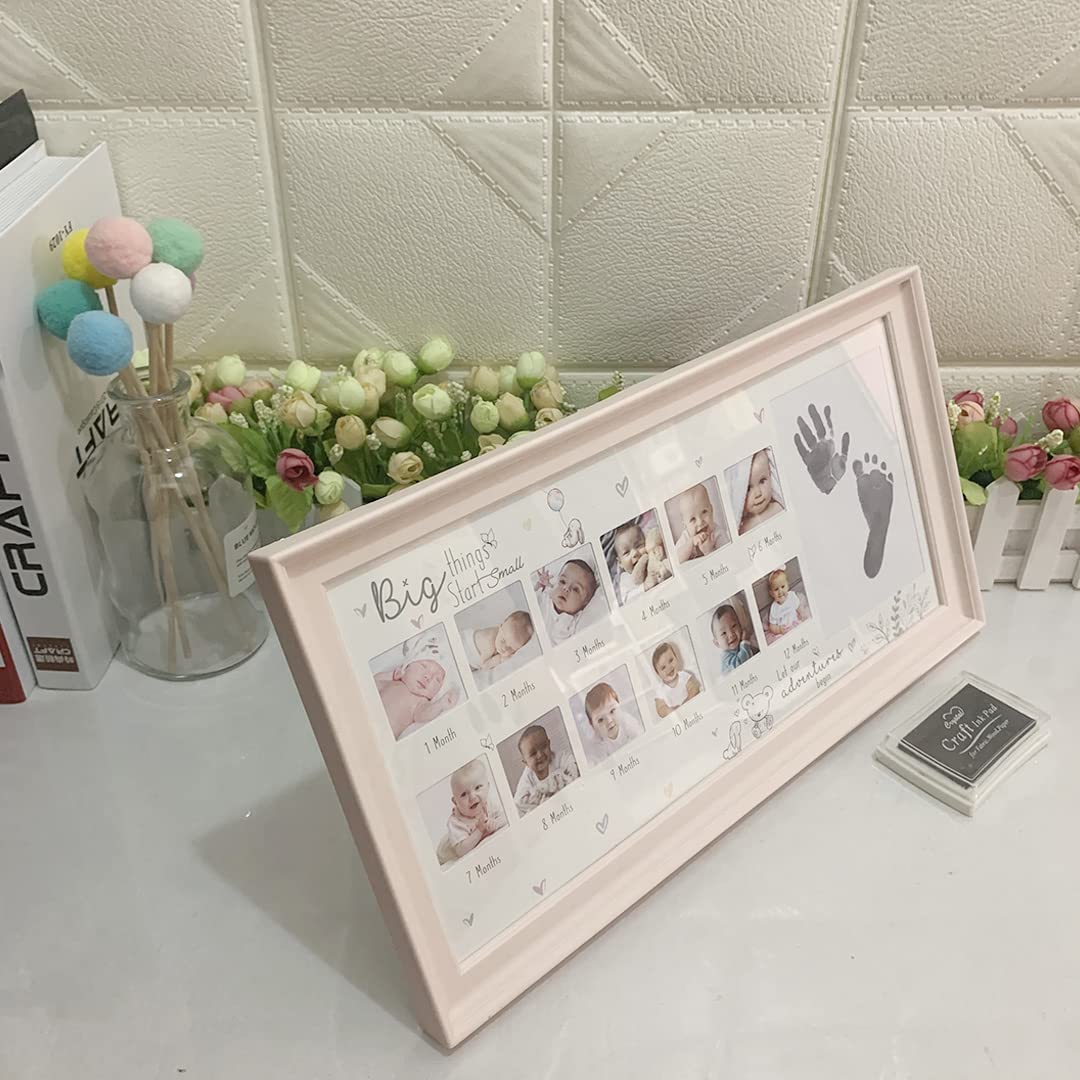 Moteizho Baby Prints New Born Keepsake Frame 12 Month Picture Frame Milestone Photo Frame Footprint HandPrint Kit 15"x8"x1" (Pink)