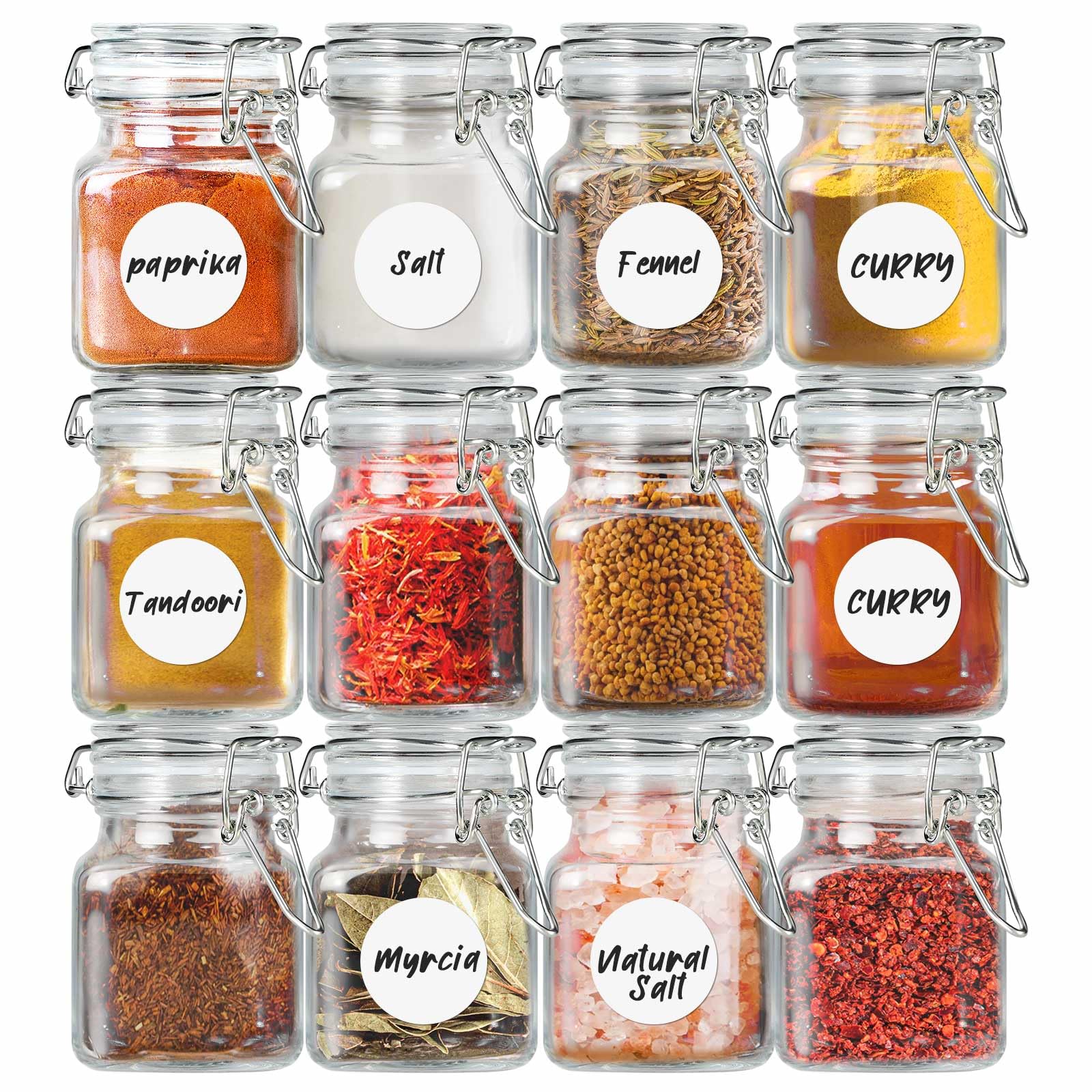 SKOCHE Spice Jars 15 Pack - 4 oz Small Glass Jars with Airtight Hinged Lids, Spice Herb Jars with Labels and Silicone Funnels, 4oz Glass Jars with Lids Ideal for Spice Herbs