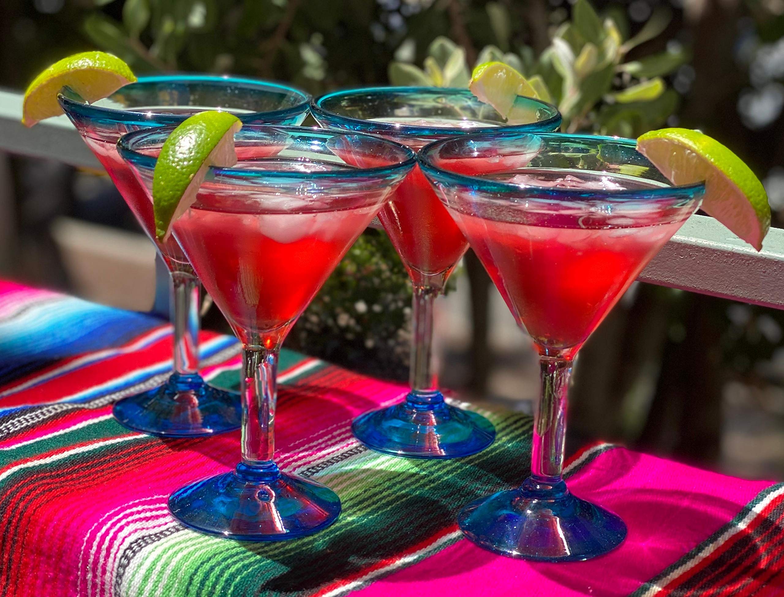 Mexican Hand Blown Glass – Set of 4 Hand Blown Modern Margarita Glasses - Aqua Rim (12 oz)