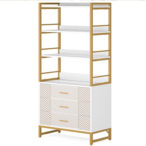 Tribesigns 3-Drawer Bookshelf Tall Ladder Shelf Bookcase with Storage, Modern Book Cases and Book Shelves 4 Shelf Organizer, Metal Wood Book Shelving Unit for Bedroom, Office, White & Gold