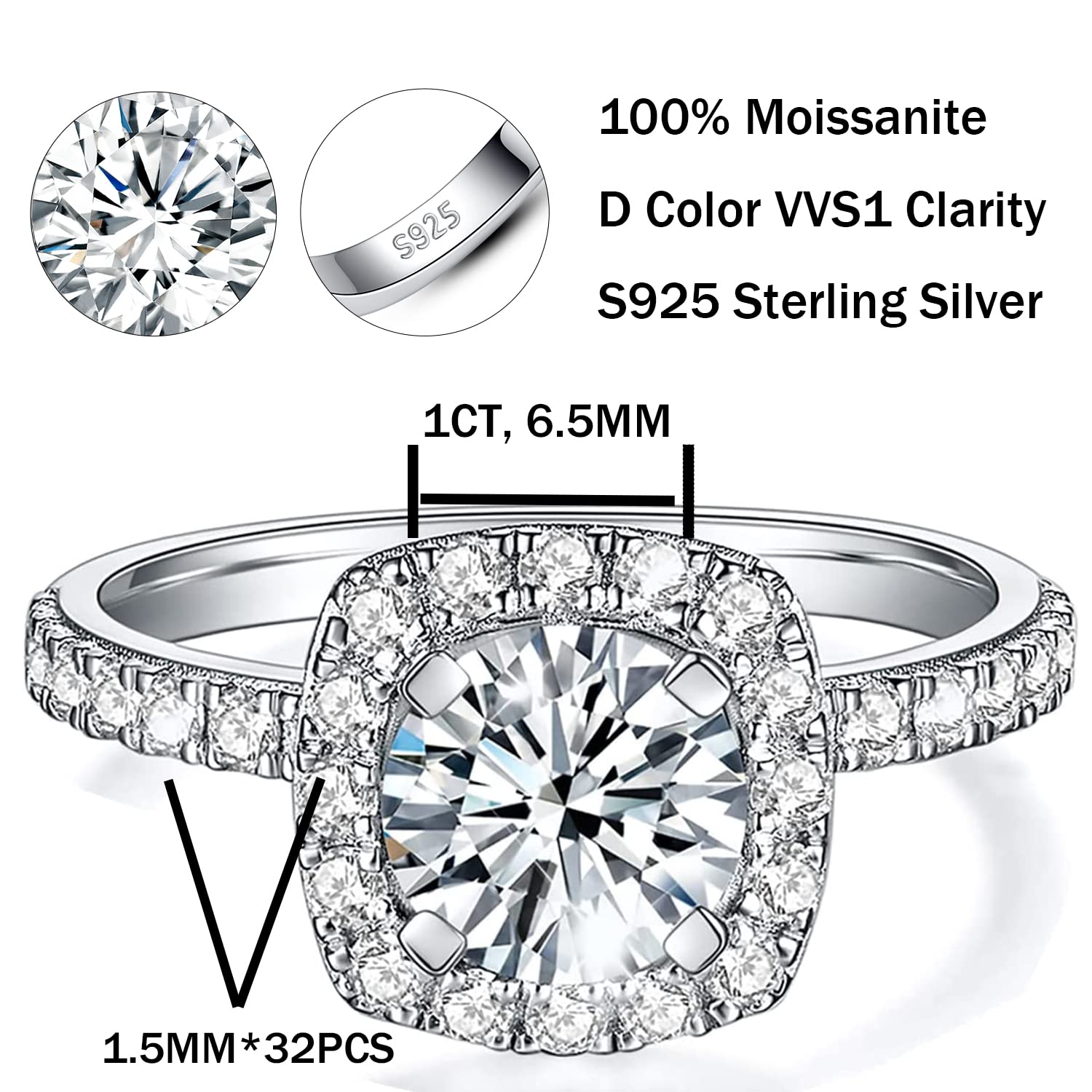Moissanite Engagement Ring for Women Promise Ring for her Diamond Ring Wedding Ring 925 Sterling Silver Ring with 14K White Gold Plated 4