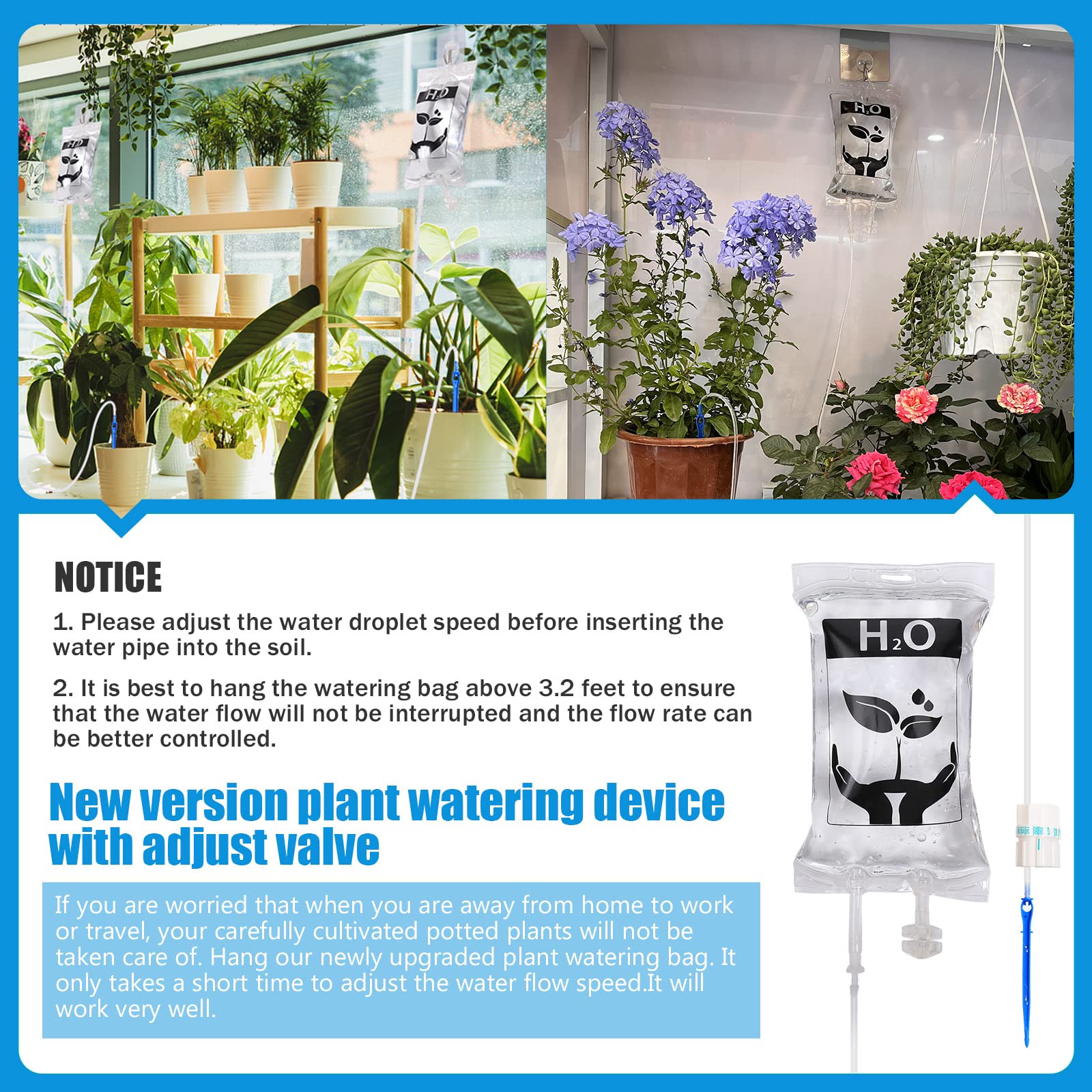 Plant Self Watering Devices with Spikes and Water Storage Bag, Slow Release Control Valve Switch Automatic Irrigation Watering Drip System, Plant Self Waterer-Preventing Stop Water and Leaks-3Pack