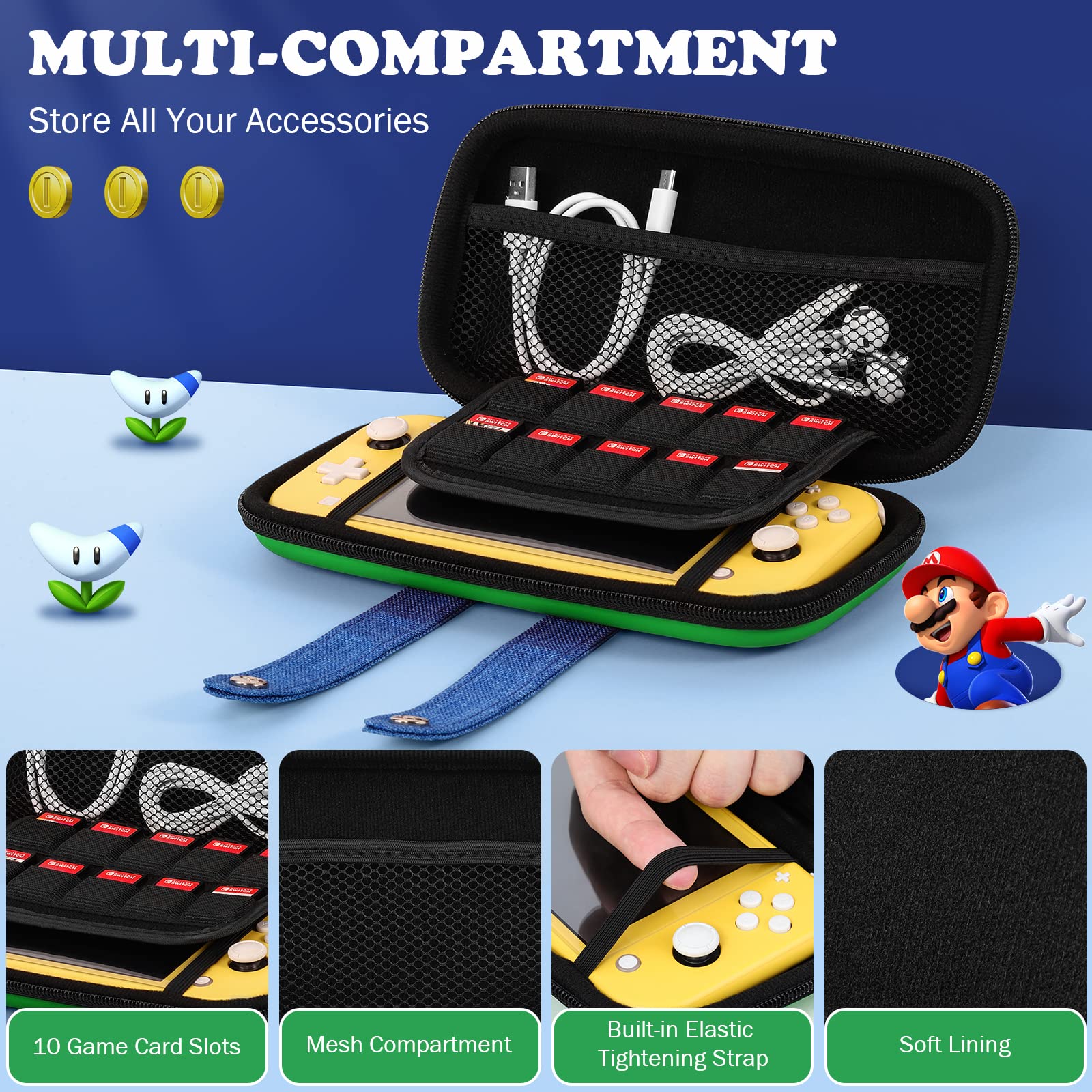 MoKo Carrying Case Compatible with Nintendo Switch Lite, Portable Protective Hard Shell Cover Travel Carrying Case Storage Bag with 10 Game Cartridge Holder & detachable Hand Strap, Luigi Green