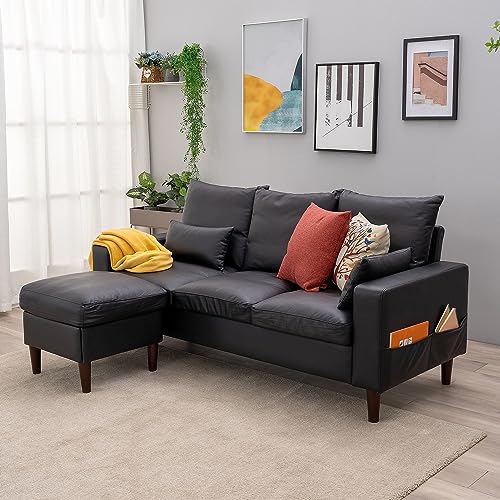 Panana Convertible Sectional Sofa Couch, 3 Seat L-Shaped Couch with Ottoman Set, Modern Balck Leather-Like Fabric Couches for Living Room, Office, Small Space (3 Seater with Ottoman)