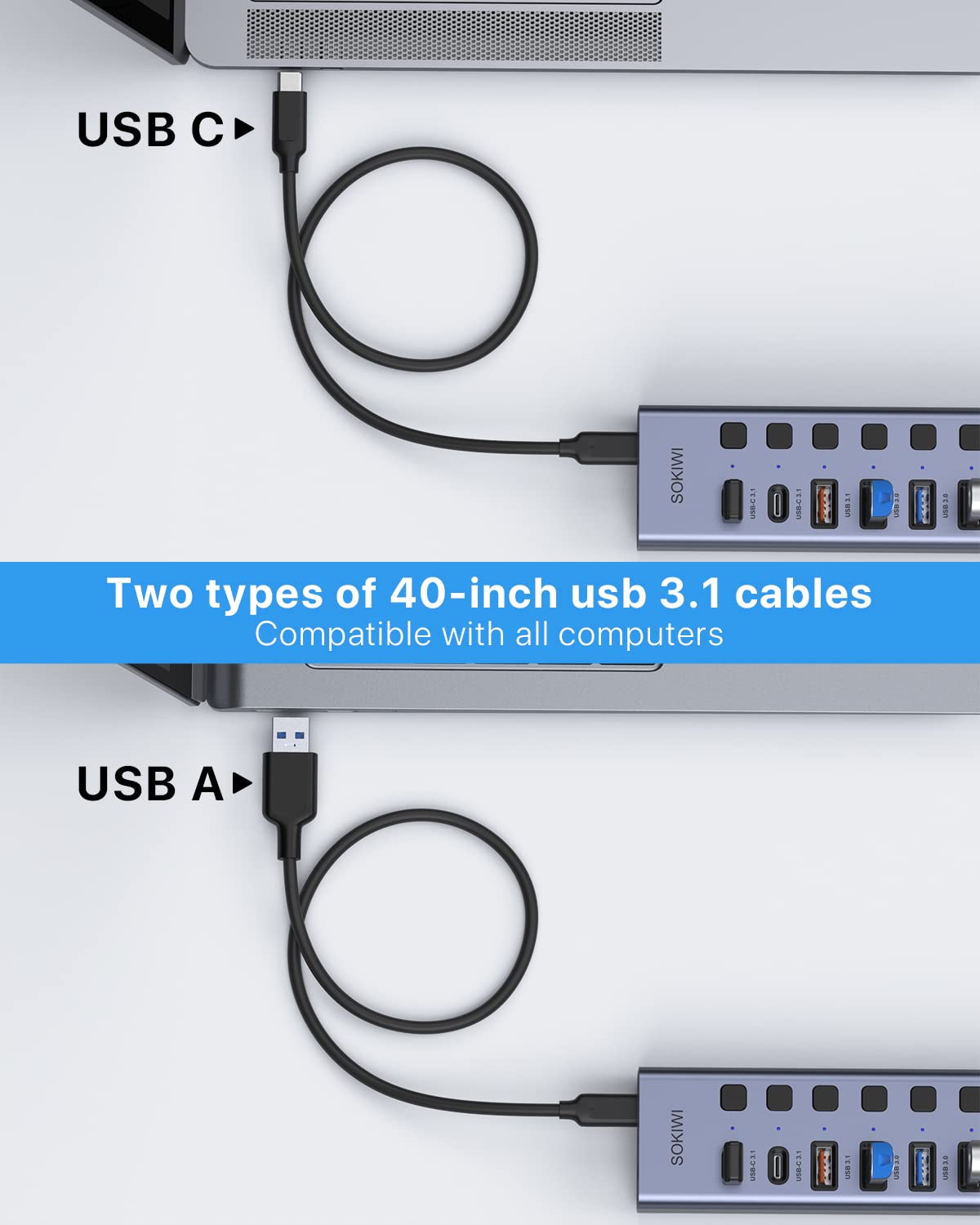 Powered USB Hub 3.0/3.1- Sokiwi USB Hub- Aluminum USB Port Hub Expender- USB C Hub Splitter with Individual On/Off Switches for Laptop/PC