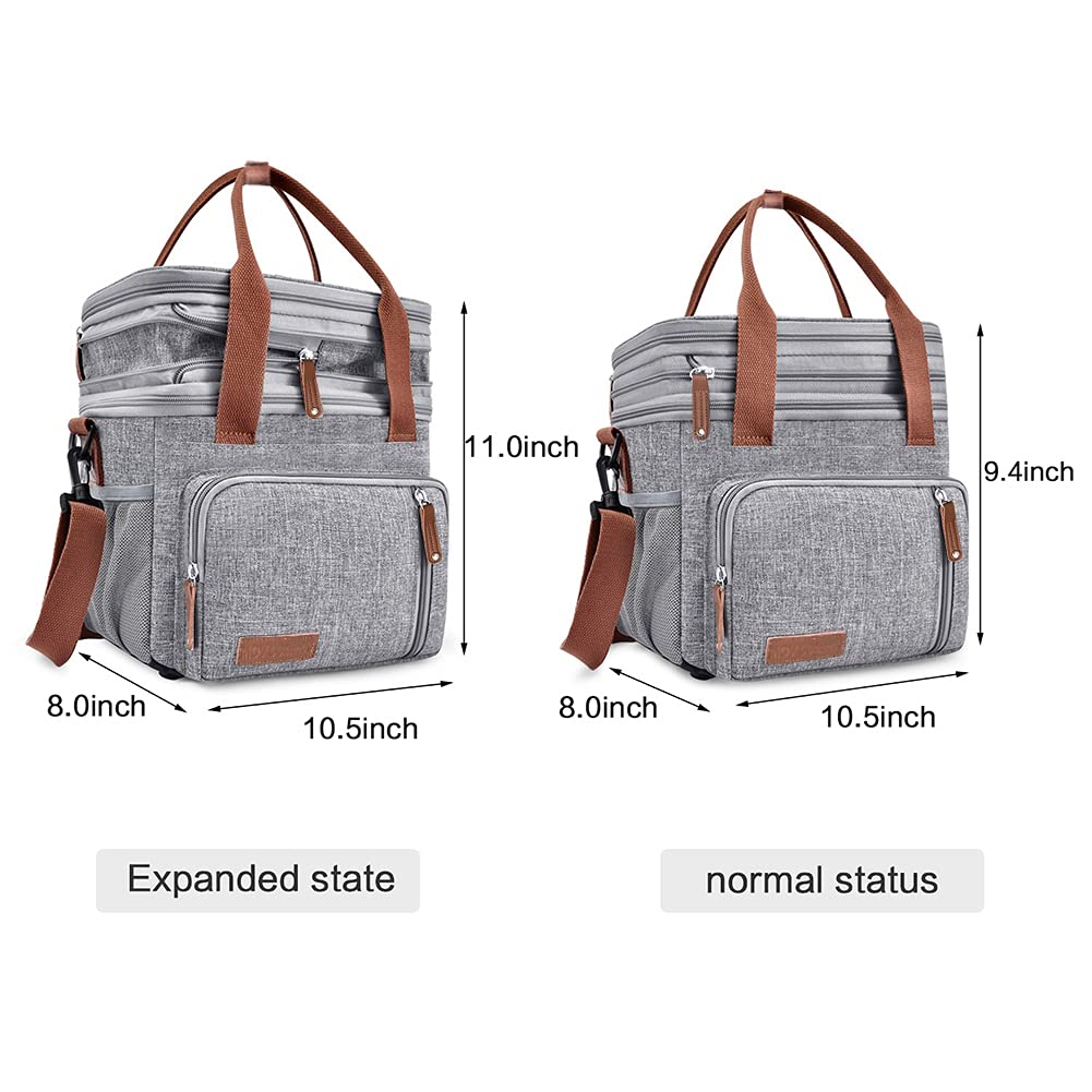 MOV COMPRA Adult Lunch Box for Work, Expandable Large Lunch Bags for Women Men, Leakproof Double Deck Lunch Box Cooler Tote Bag with Removable Shoulder Strap (Grey)