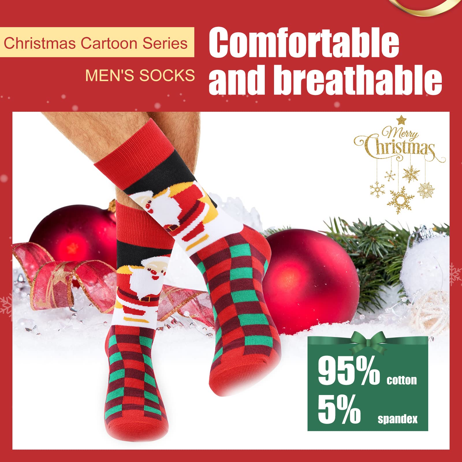 Moonlight Manor Christmas Socks For Men, 6 Pack Mens Christmas Socks, Xmas Crew Socks US Size 6-13