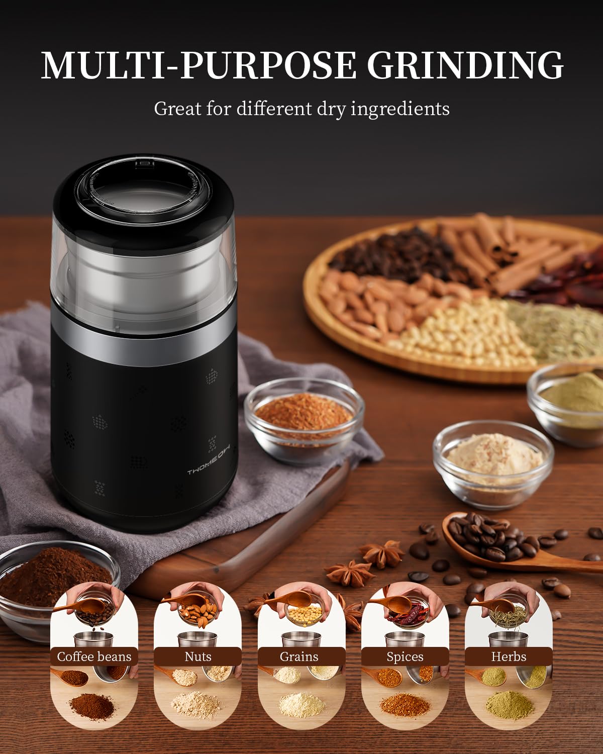 TWOMEOW Coffee Grinder, One Touch Spice Grinder Electric, Espresso Grinder, Coffee Bean Grinder with Removable Stainless Steel Bowl, Grain Mills for Spices, Herbs, Nuts, Black