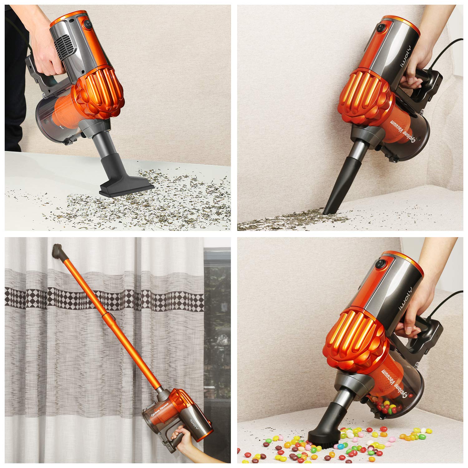 iwoly V600 Vacuum Cleaner Corded Bagless Stick and Handheld Vacuum for Hard Floor (Orange)