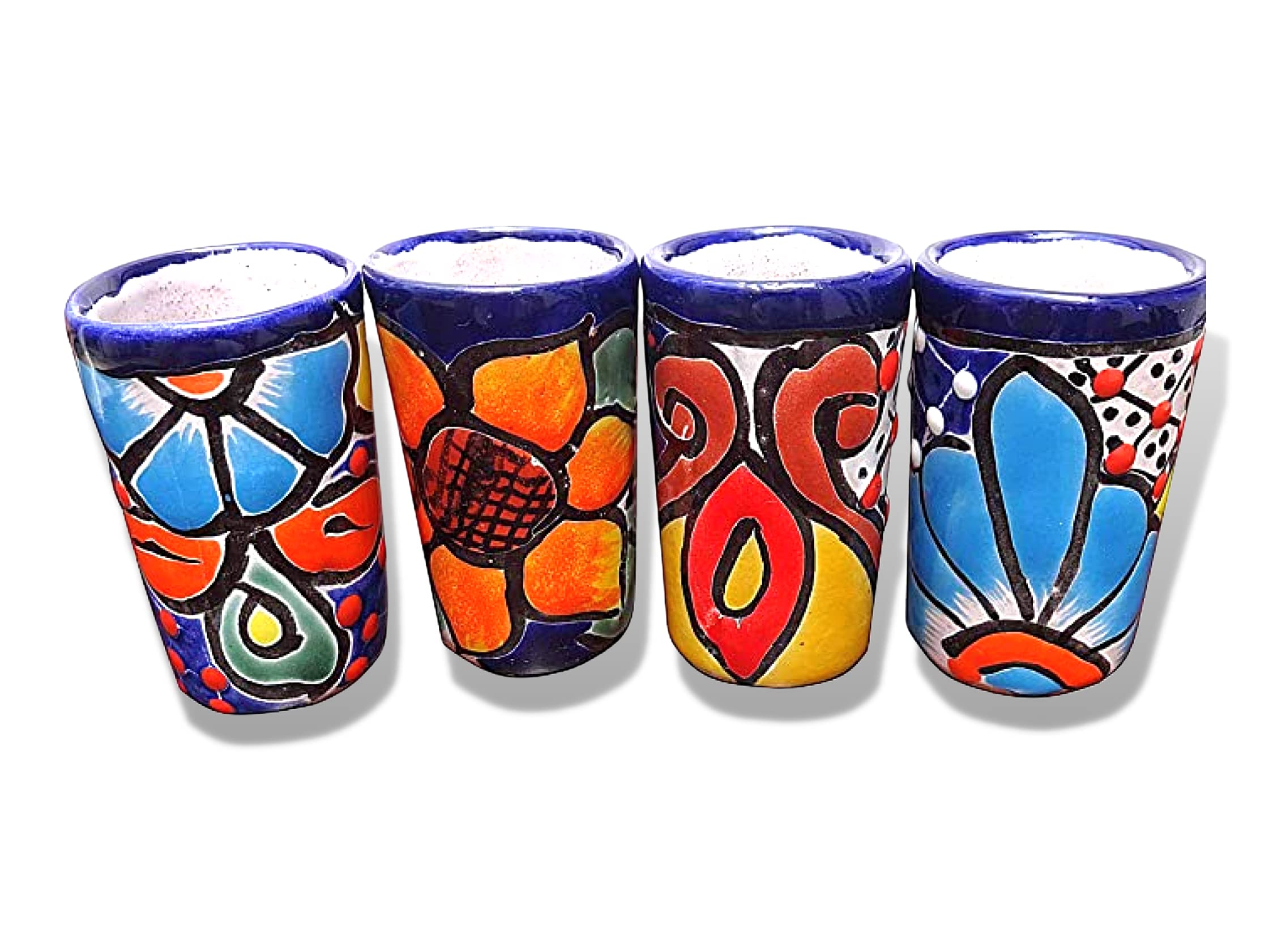 MEXTEQUIL - Talavera Shot Glasses Set of 4 Authentic Mexican Tequila Shot Glasses - Hand-painted - 2 Oz (Flowers)