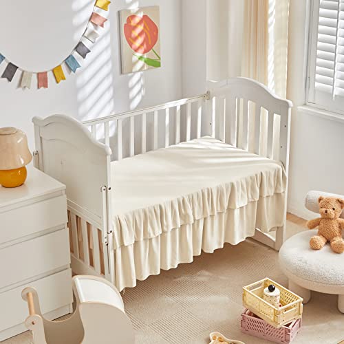 Tufted Ruffle Crib Bedding Set 3 Pieces Baby Boho Quilted Comforter with Fitted Sheet and Bed Skirt - Cute Ruffled Shabby Chic Baby Bedding Soft Blanket Design Cream White