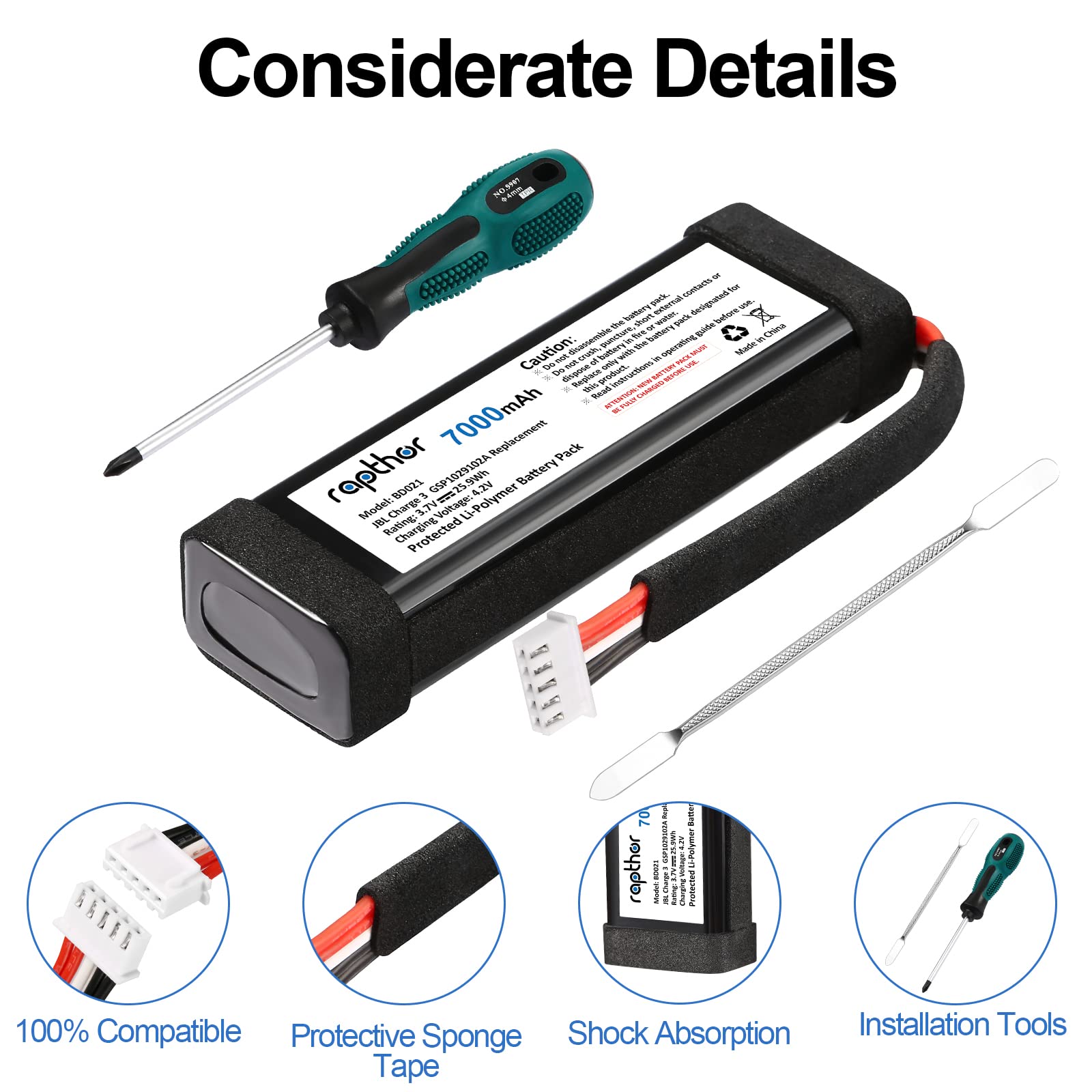 rapthor 7000mAh Replacement Battery Compatible with JBL Charge 3 Speaker GSP1029102A 3.7V with Installation Tools