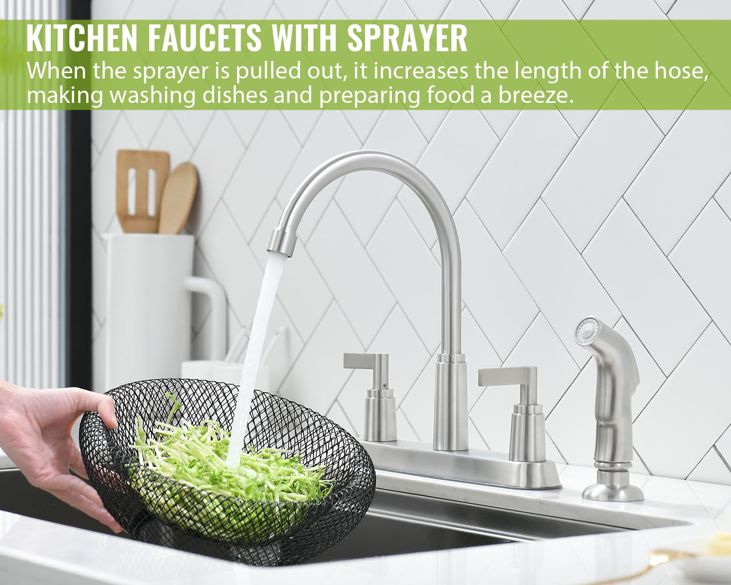 Kitchen Faucet with Sprayer, Brushed Nickel Stainless Steel Kitchen Sink Faucet with Side Sprayer, 3 Hole or 4 Hole Faucet for Kitchen Sink, Commercial RV Laundry Utility Kitchen Faucet KMF023L-1