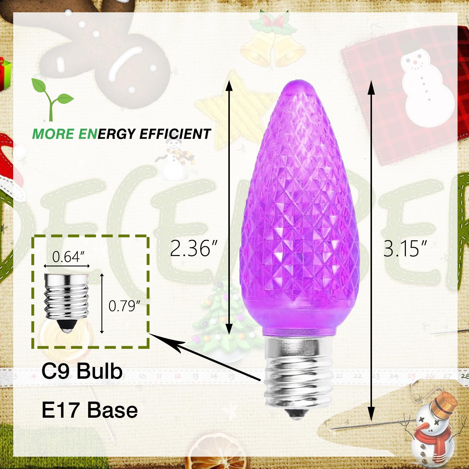 Jawtach C9 LED Christmas Light Bulbs - 25 Pcs C9 LED Bulbs Purple for E17 Candelabra Base - 1W for Outdoor String Lights, Holiday Decoration