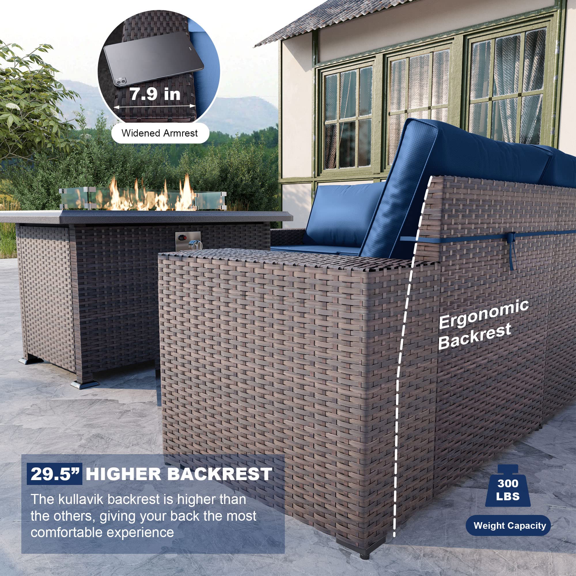 Kullavik 7 Pieces Outdoor Patio Furniture Set with 43" Gas Propane Fire Pit Table PE Wicker Rattan Sectional Sofa Patio Conversation Sets,Navy Blue